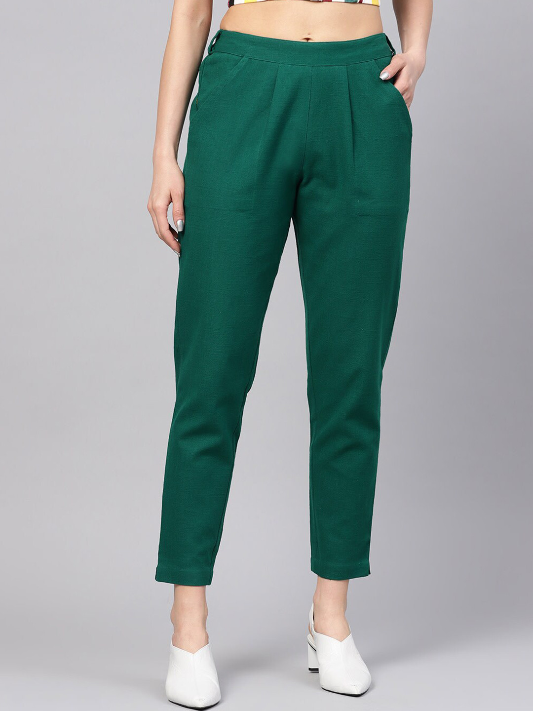 Buy KALINI Women Mid Rise Pleated Cotton Trousers - Trousers for Women ...