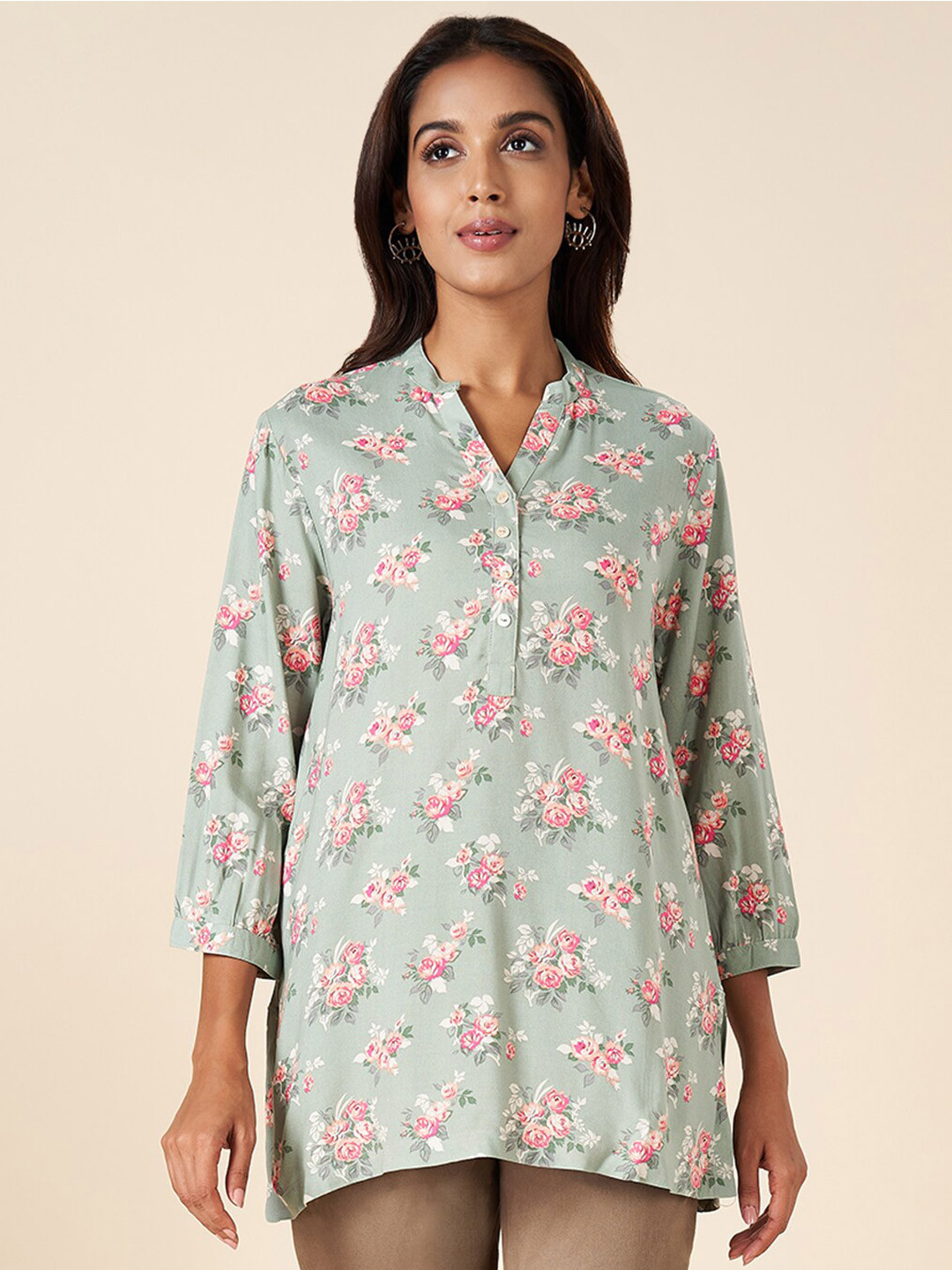 Buy AKKRITI BY PANTALOONS Floral Printed Mandarin Collar Tunic - Tunics ...