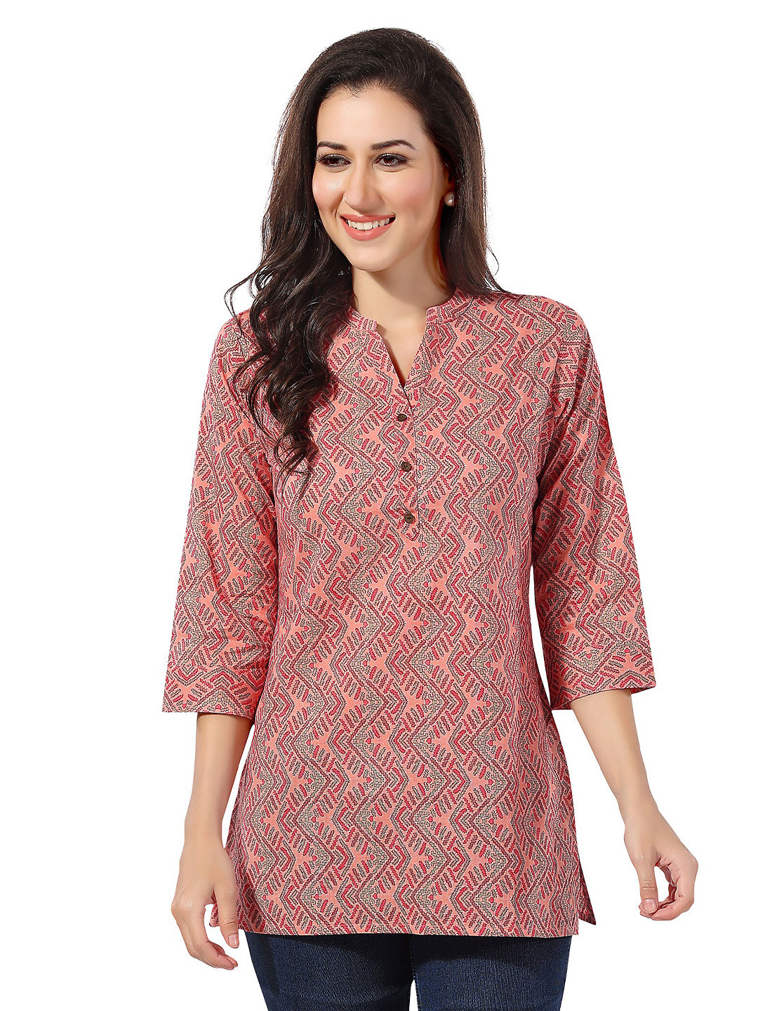 Buy Keshubaba Pink & Green Mandarin Collar Printed Ethnic Tunic ...