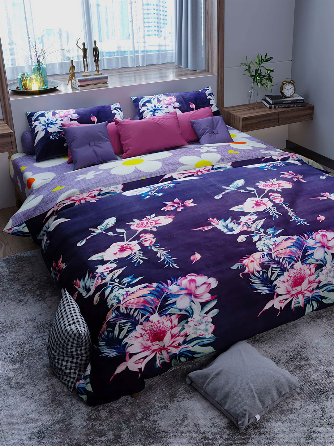 Buy LABHAM Crystal Comforter Navy Blue Floral Heavy Winter Cotton 150 GSM Double Bed Comforter ...