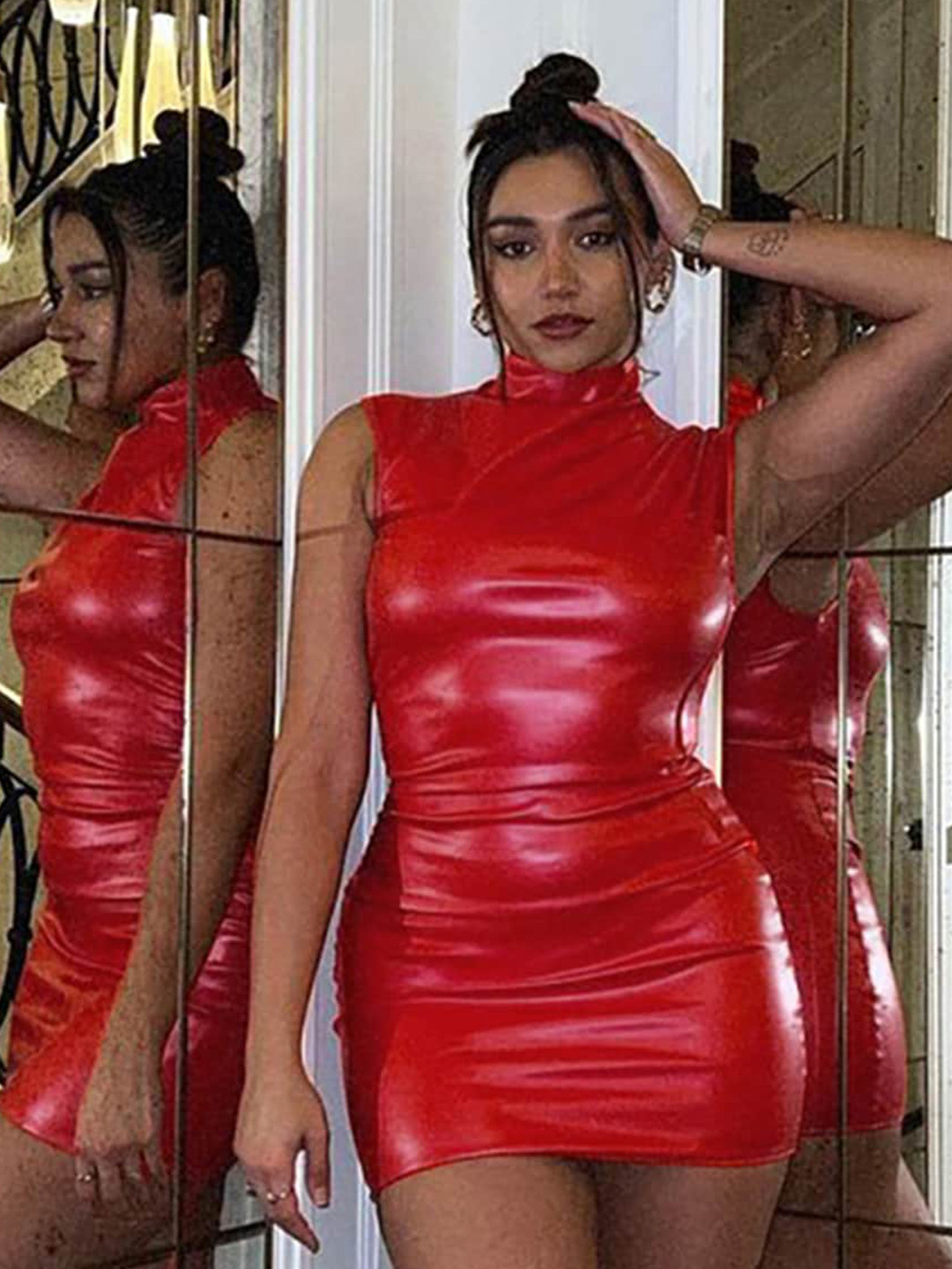 Buy StyleCast Red High Neck Leather Mini Bodycon Dress - Dresses for ...