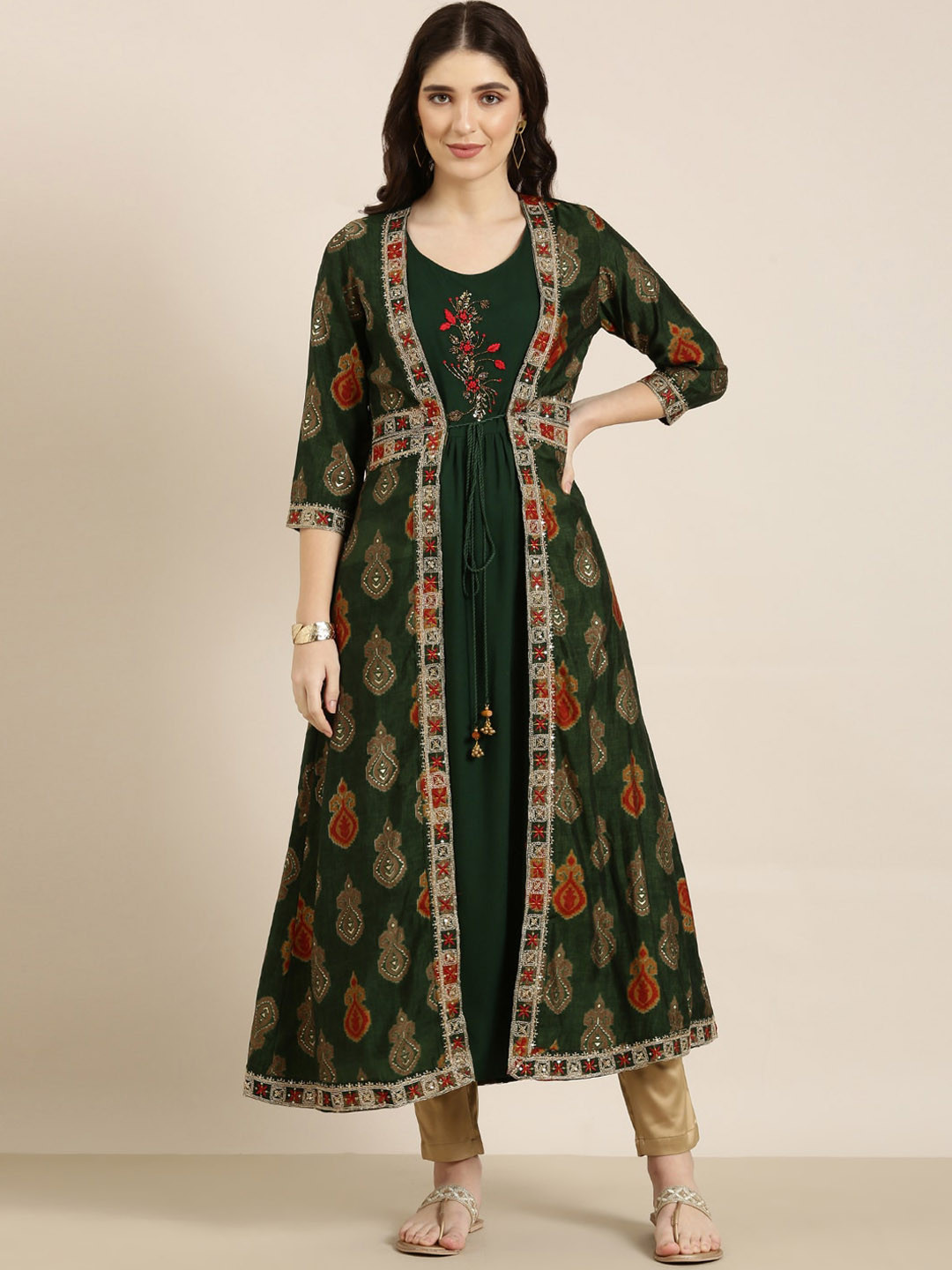 Buy SHOWOFF Sleeveless Thread Work A Line Kurta With Over Coat - Kurtas ...