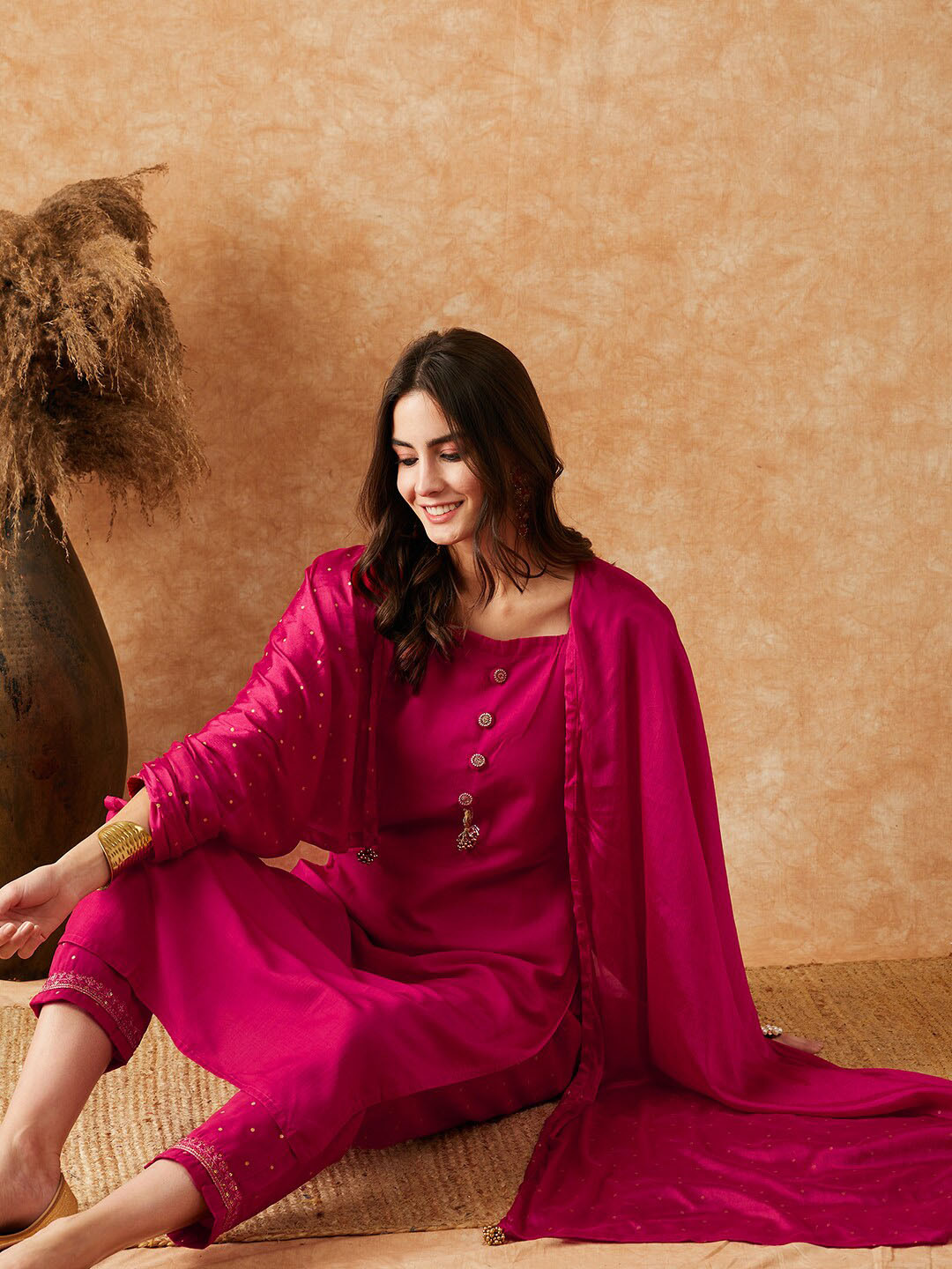 Buy Sangria Pink Square Neck Kurta With Trouser & Dupatta - Kurta Sets ...