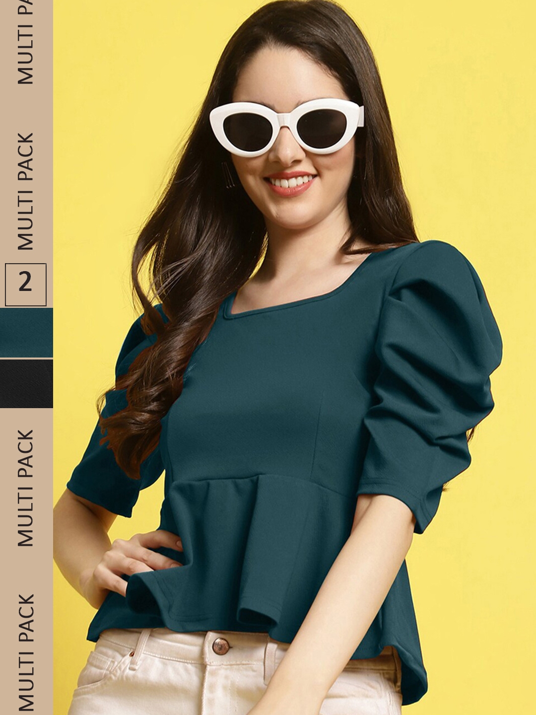 Buy Fabflee Pack Of 2 Sweetheart Neck Puff Sleeve Peplum Top Tops For
