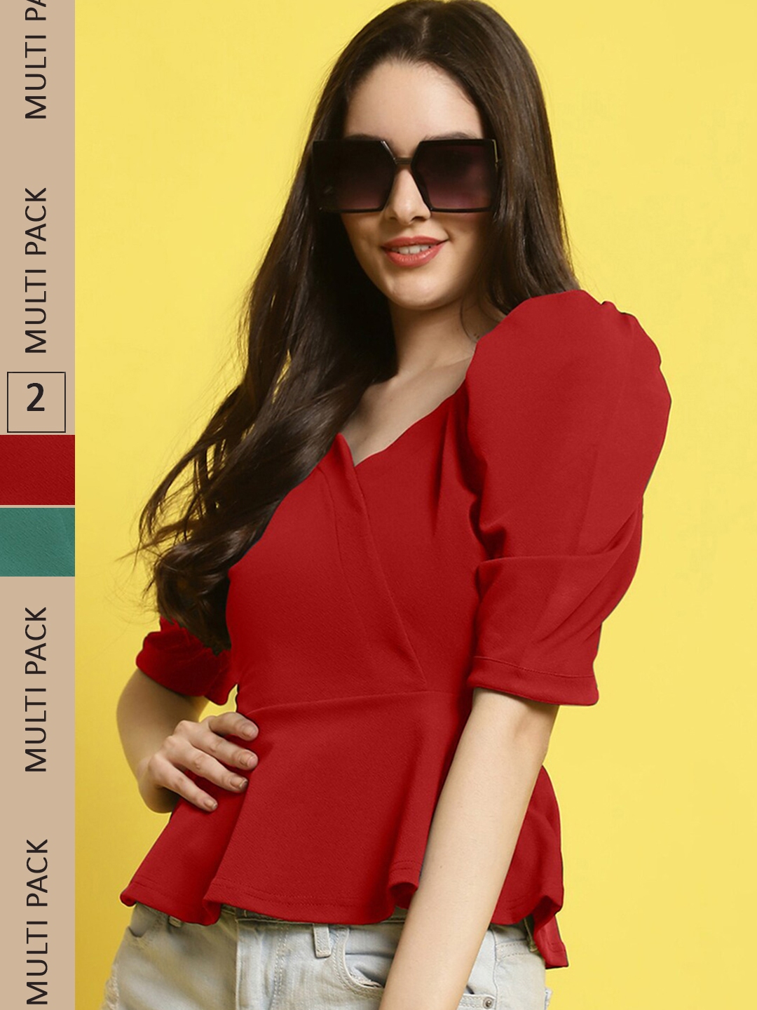 Buy Fabflee Pack Of 2 Puff Sleeves Peplum Top Tops For Women 24556976