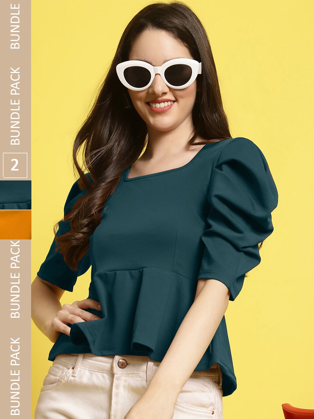 Buy Fabflee Pack Of 2 Puff Sleeves Peplum Tops Tops For Women