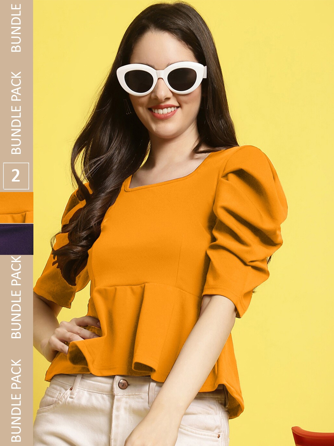 Buy Fabflee Pack Of 2 Square Neck Ruched Sleeves Peplum Top Tops For