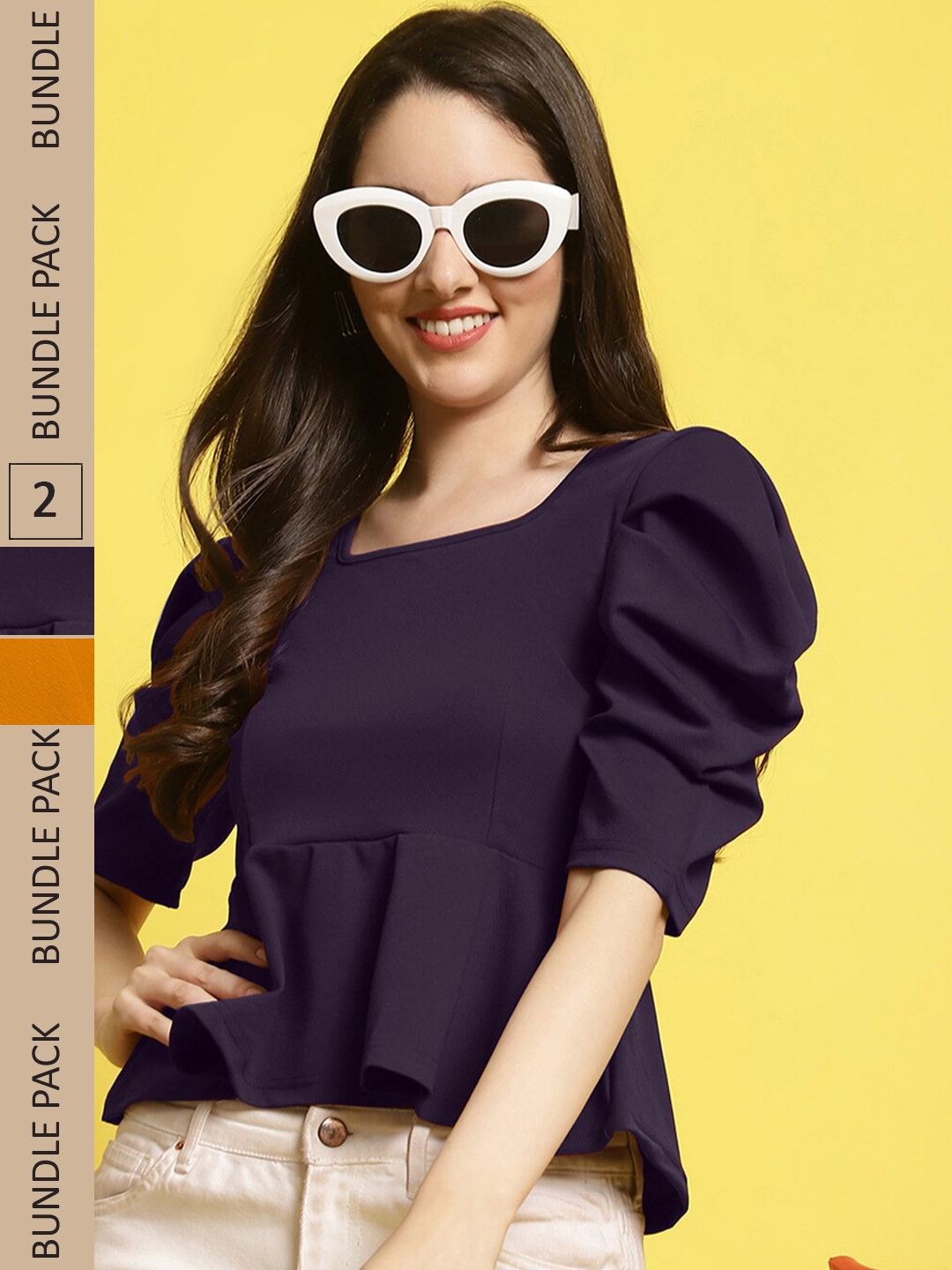 Buy Fabflee Pack Of 2 Puff Sleeves Peplum Tops Tops For Women