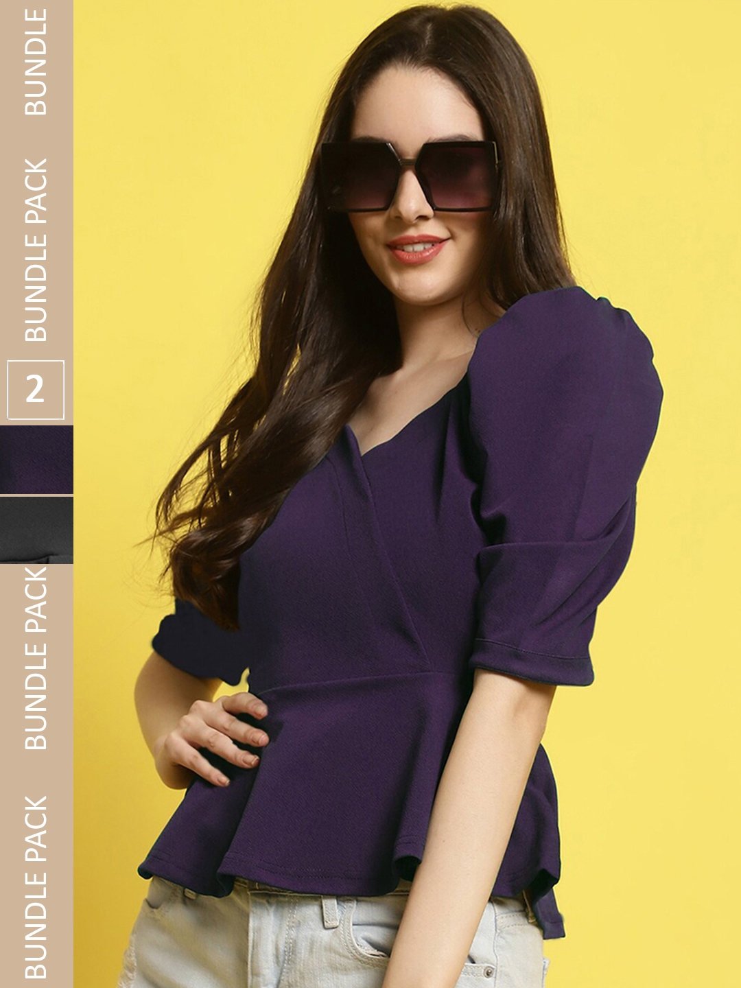 Buy Fabflee Pack Of 2 V Neck Puff Sleeves Peplum Top Tops For Women