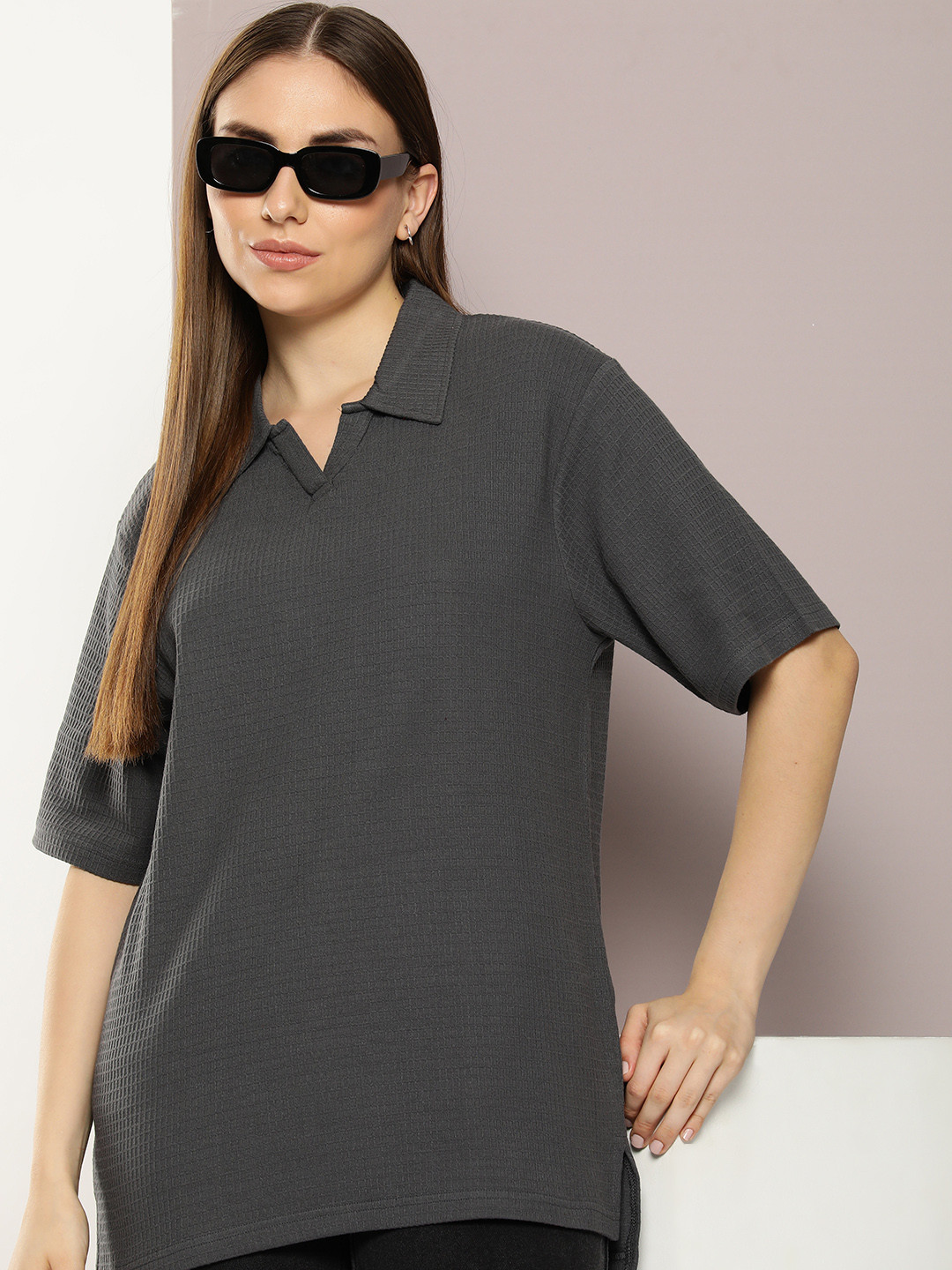 Buy DILLINGER Women Waffle Structure Self Design Oversized Polo Collar ...