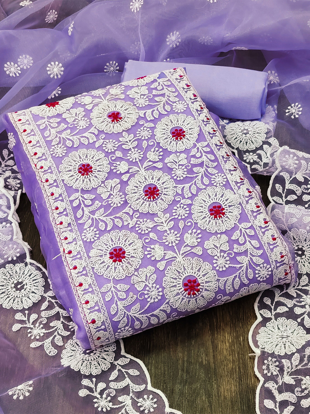 Buy MANVAA Floral Embroidered Organza Unstitched Dress Material - Dress ...