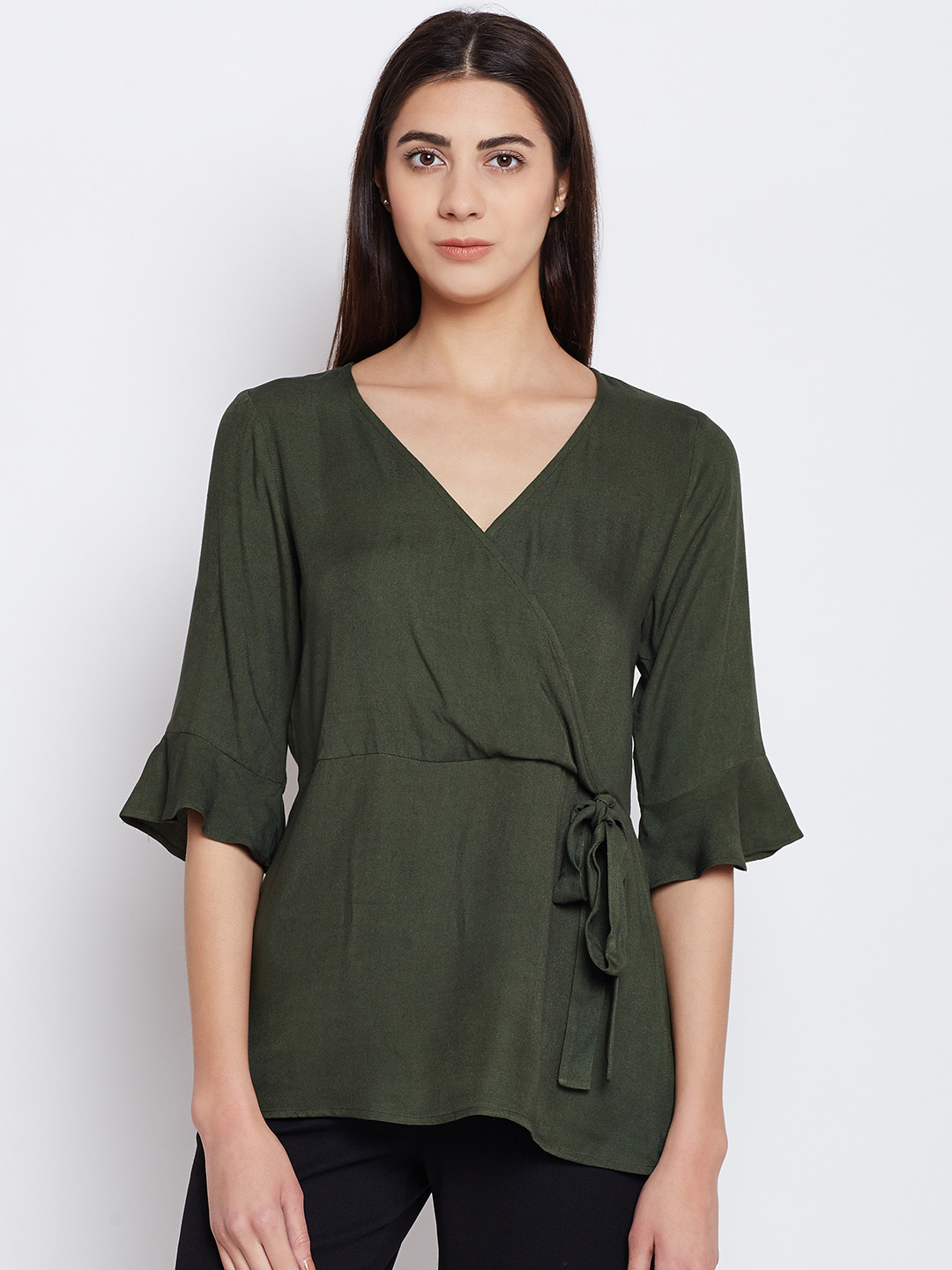 Buy Femella Women Olive Green Solid Wrap Top - Tops for Women 2456022 ...