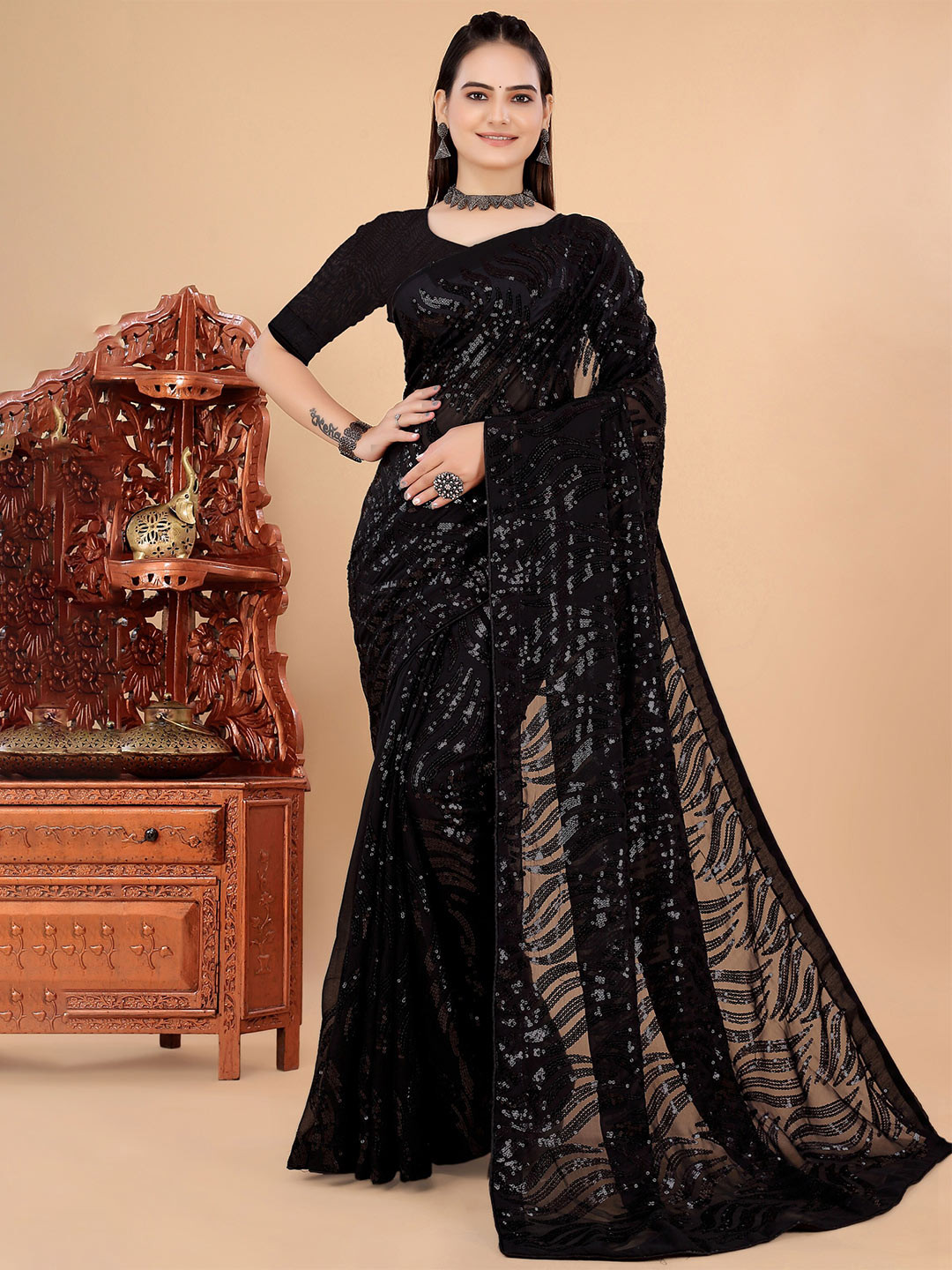 Buy Mitera Black Embellished Sequinned Saree - Sarees for Women ...