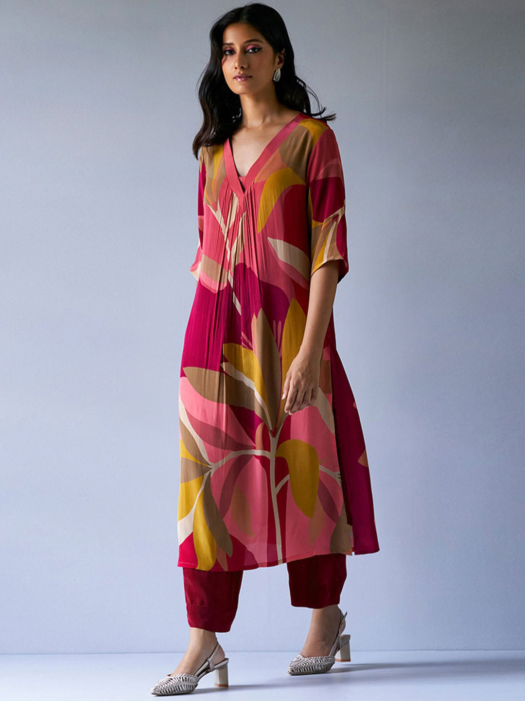 Buy Ganga Floral Printed V Neck A Line Kurta With Palazzos - Kurta Sets ...