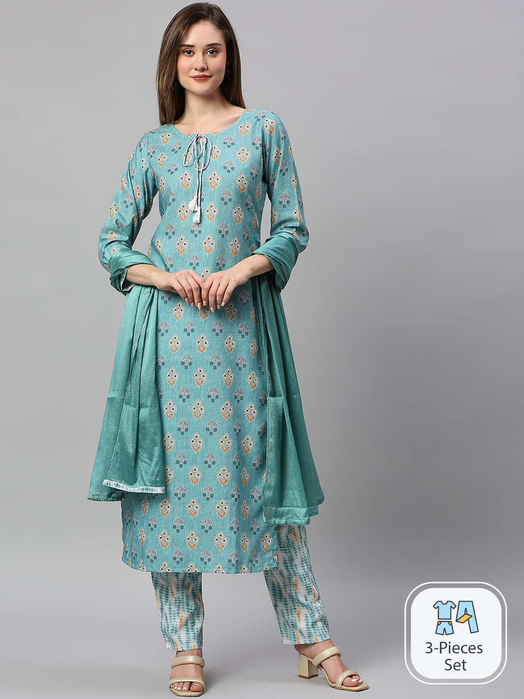 Buy Anuthi Ethnic Motifs Printed Kurta With Trousers & Dupatta - Kurta ...