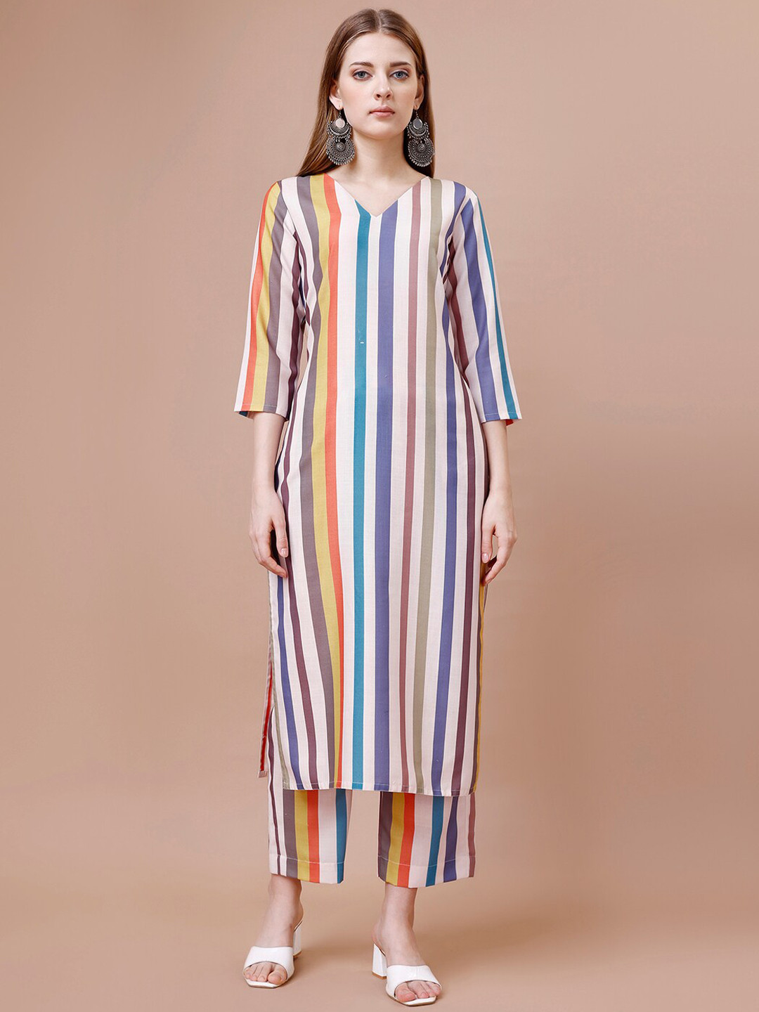 Buy Heemara Striped V Neck Regular Kurta With Trousers - Kurta Sets for ...