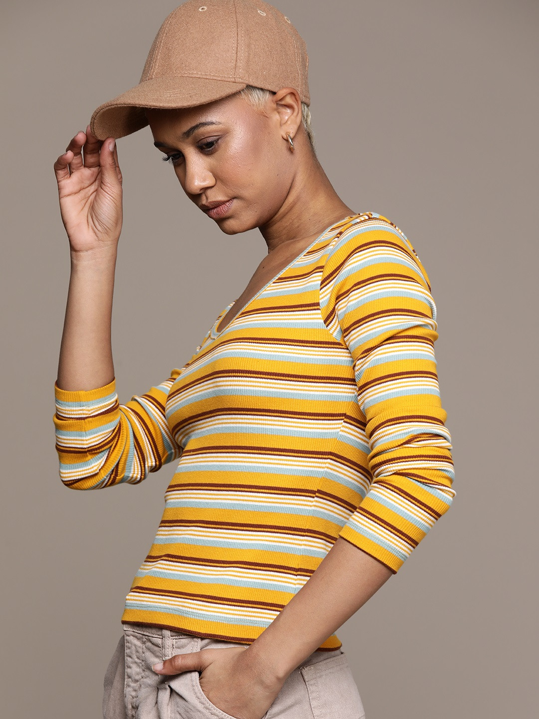 Buy The Roadster Lifestyle Co. Horizontal Striped V Neck Fitted Top ...