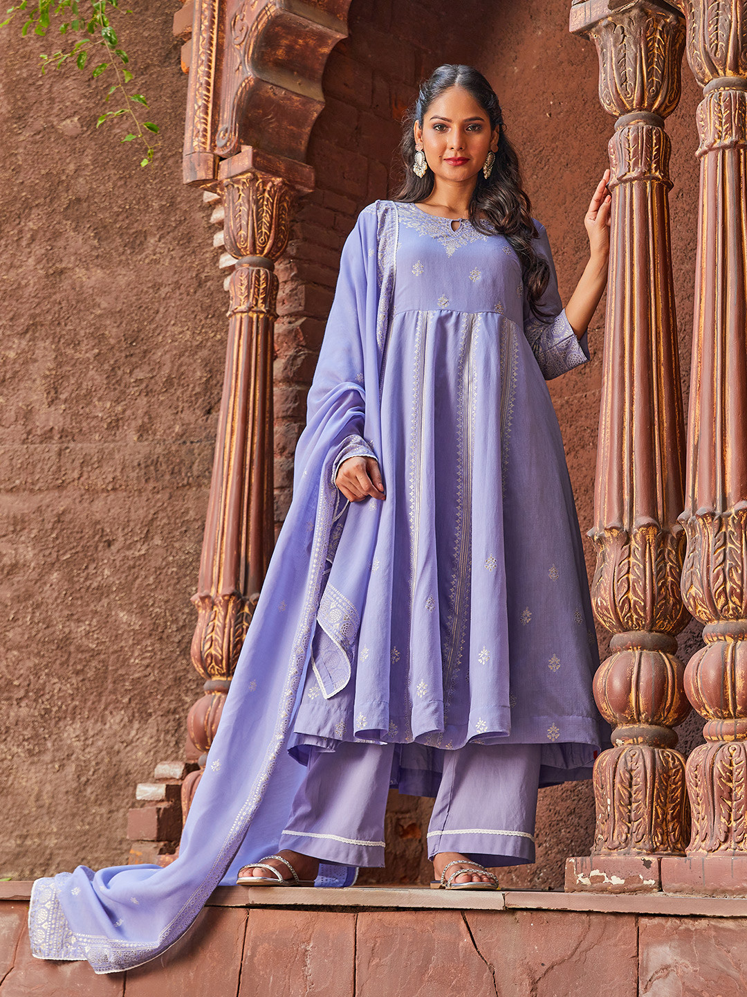 Buy Biba Ethnic Motifs Printed Anarkali Kurta With Palazzos & Dupatta ...
