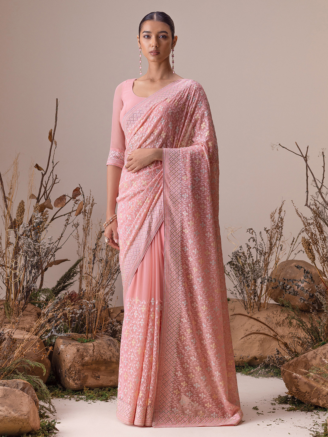 Buy Soch Coral & Yellow Ethnic Motifs Embroidered Saree - Sarees for ...