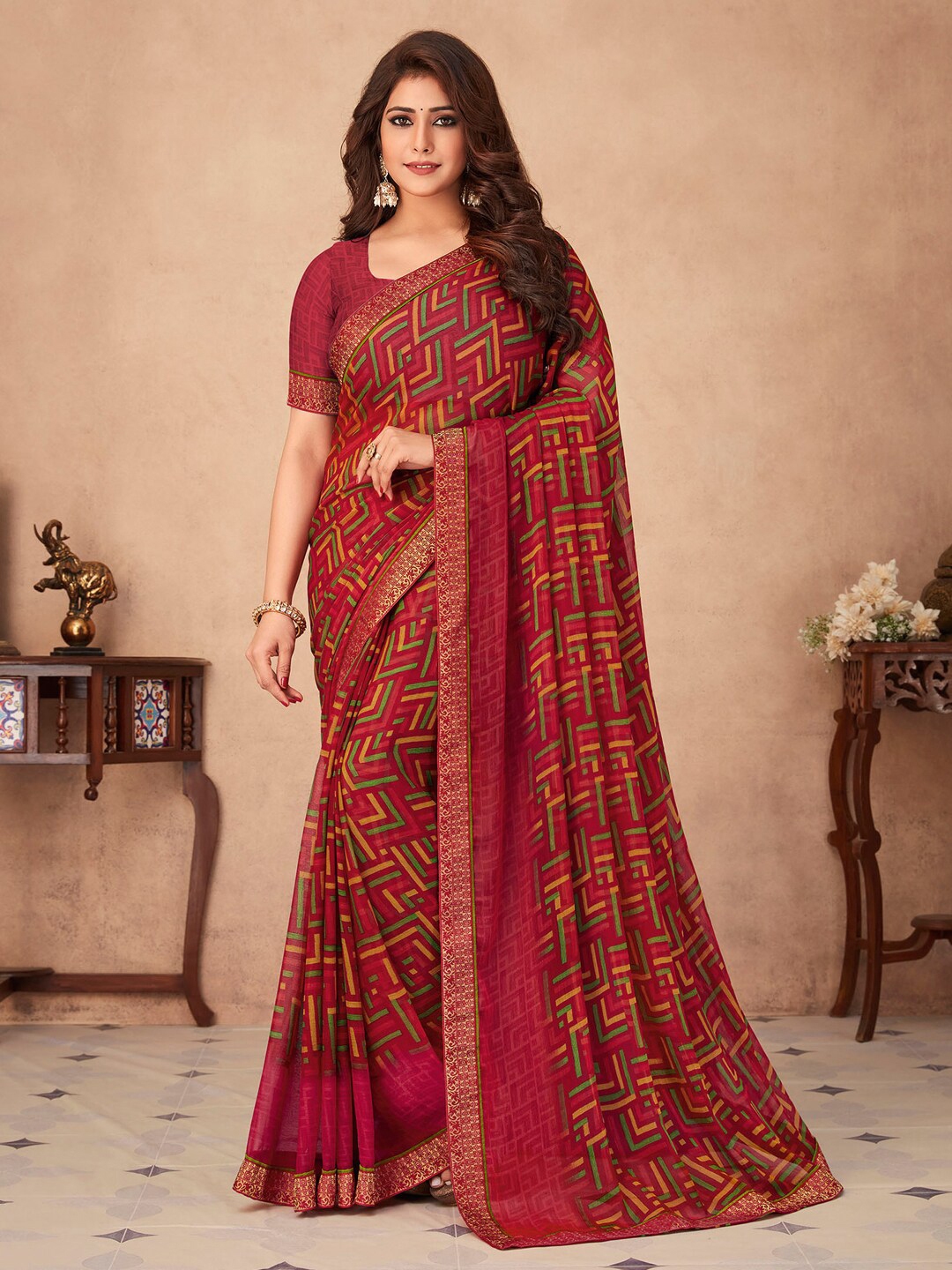 Buy Anouk Maroon & Green Geometric Printed Zari Pure Chiffon Bagru ... Buy Anouk Maroon & Green Geometric Printed Zari Pure Chiffon Bagru ...