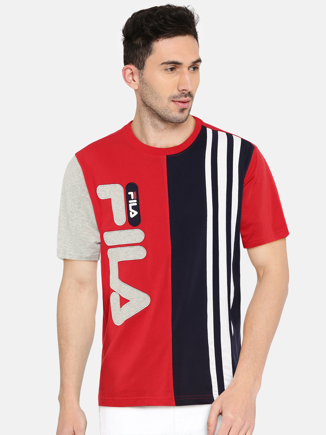 Buy FILA Men Red Colourblocked Round Neck Pure Cotton T Shirt - Tshirts ...