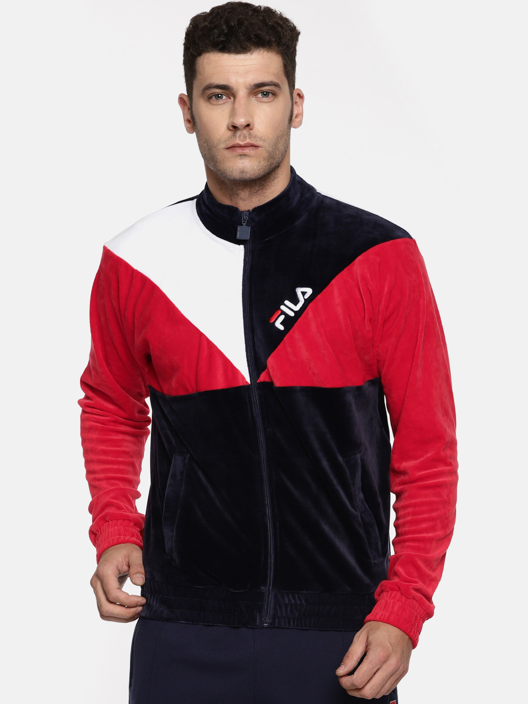 Buy FILA Men Navy Blue & Red Colourblocked Sporty Jacket - Jackets for ...