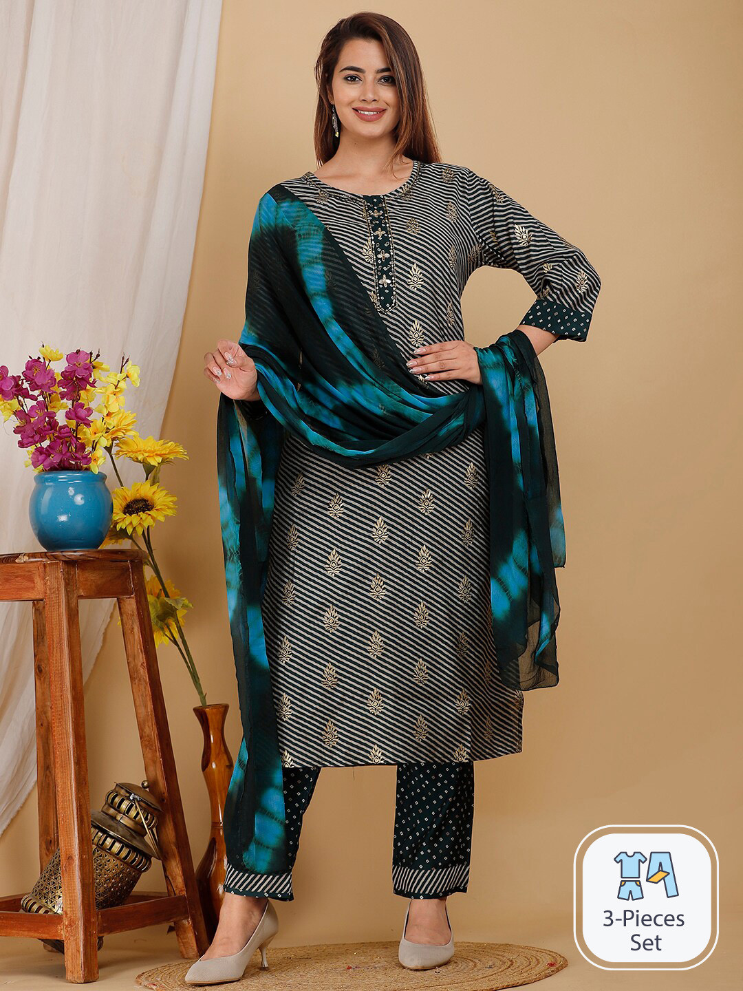Buy KALINI Leheriya Printed Sequinned Chanderi Silk Kurta With Trousers ...