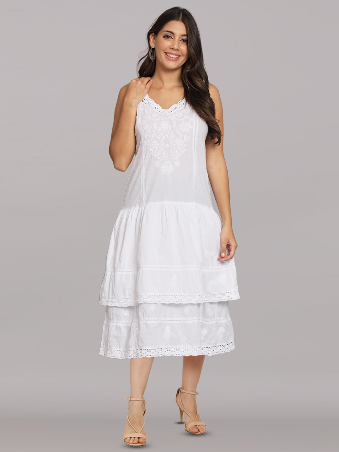 Buy PARAMOUNT CHIKAN Women Embroidered Chikankari Cotton Layered Dress ...