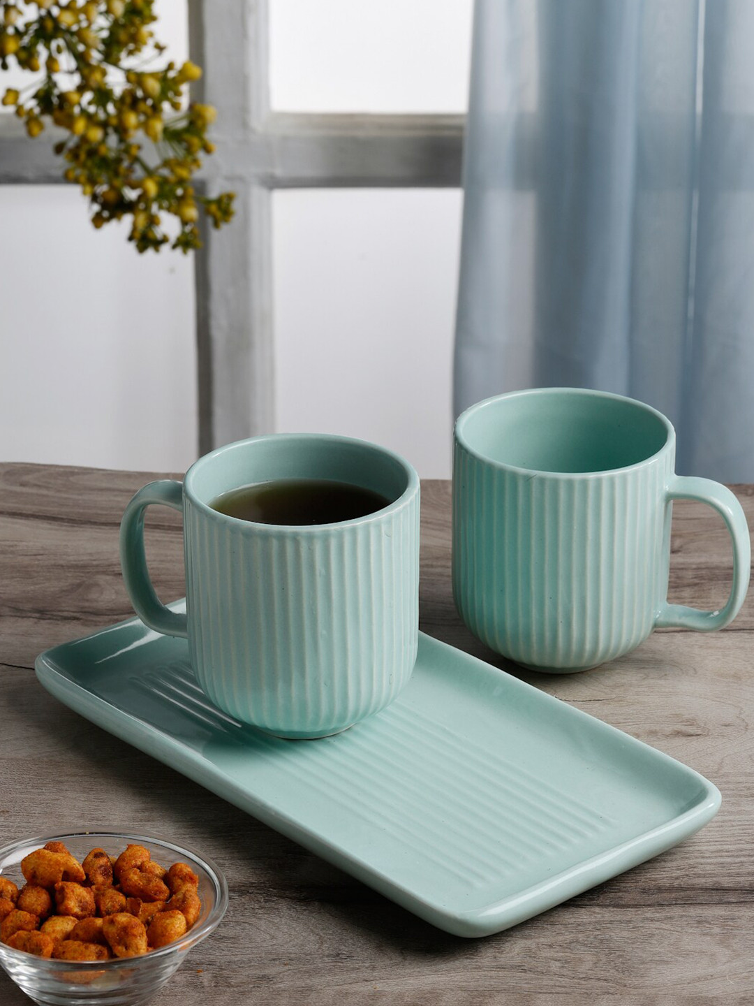 Buy Arrabi Green 3 Pieces Textured Ceramic Matte Mugs & Tray - Cups And ...