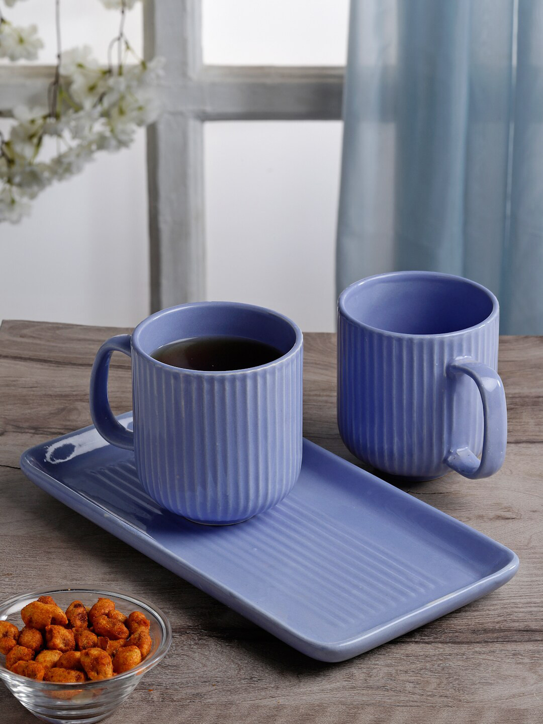 Buy Arrabi Blue 3 Pieces Textured Ceramic Matte Mugs & Tray - Cups And Mugs for Unisex 24587444 ...