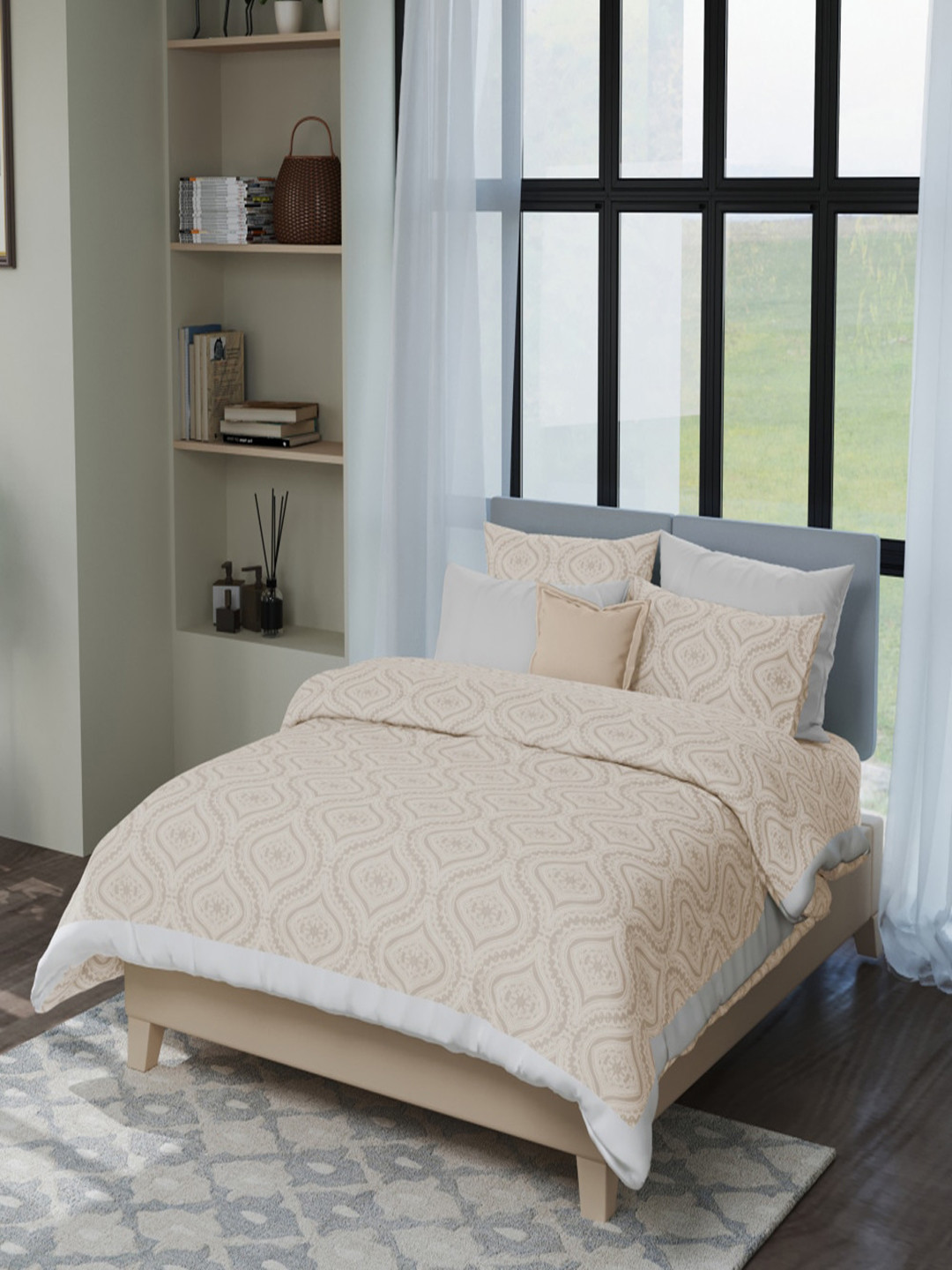 Buy LABHAM Kadambari 7 Pcs Beige Printed Pure Cotton Double King Bedding Set - Bedding Set for ...