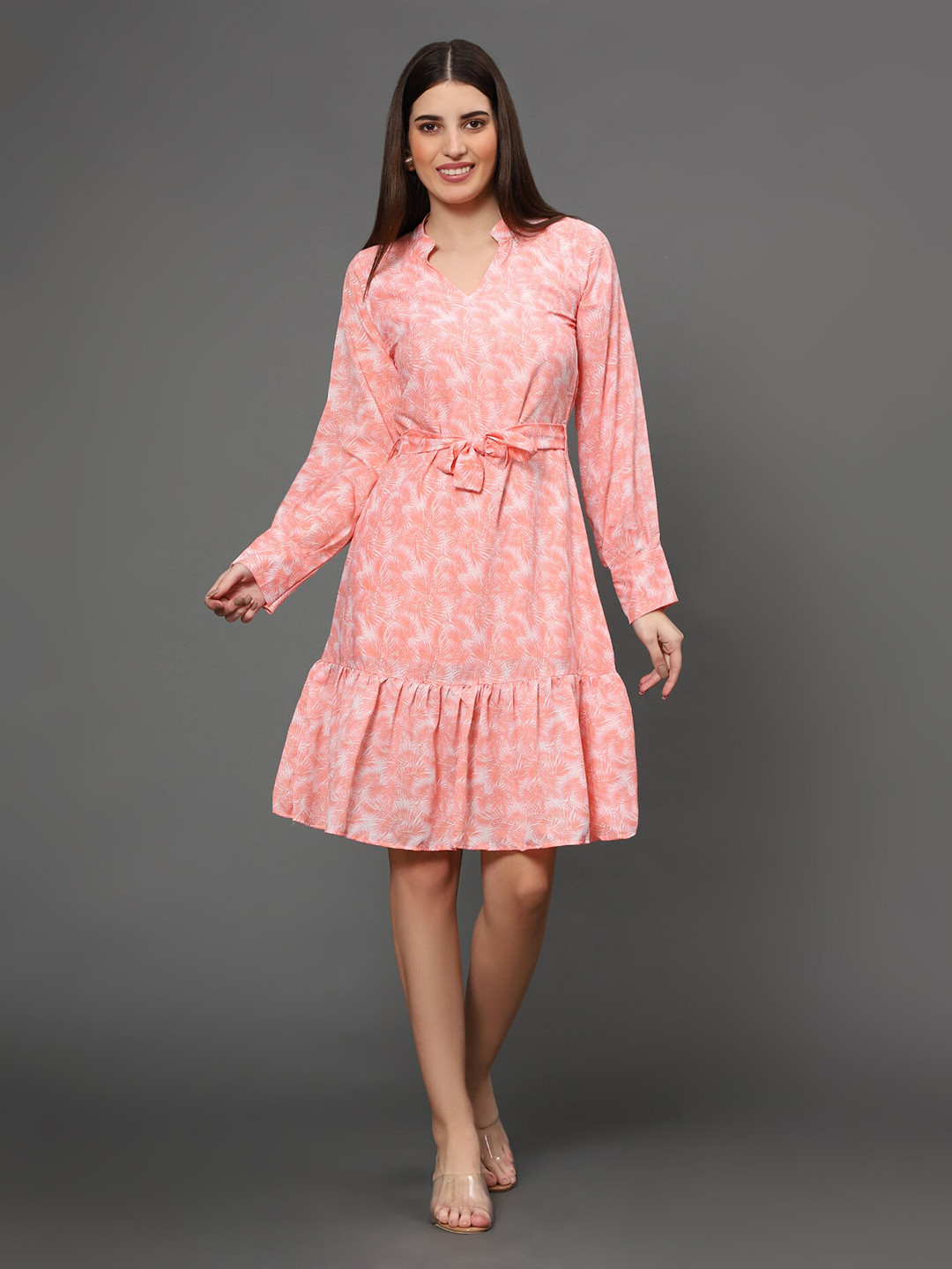 Buy WESTHOOD Floral Printed Mandarin Collar Cuffed Sleeve Belted ...