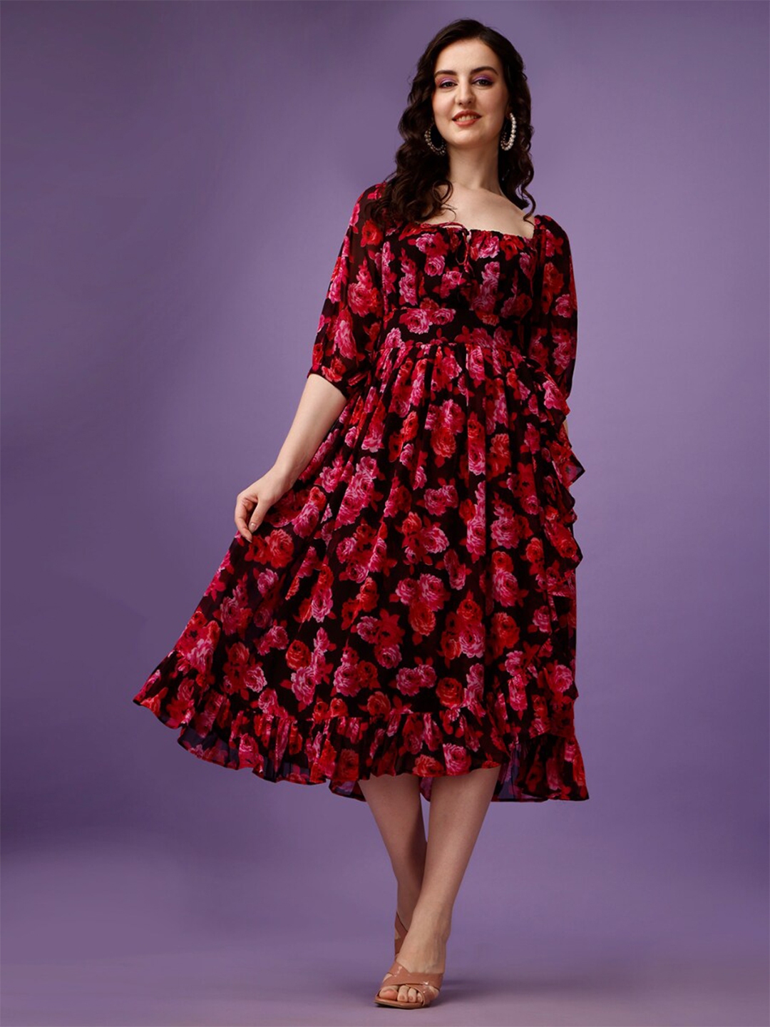 Buy Kalini Floral Printed Puff Sleeve Fit And Flare Midi Dress Dresses
