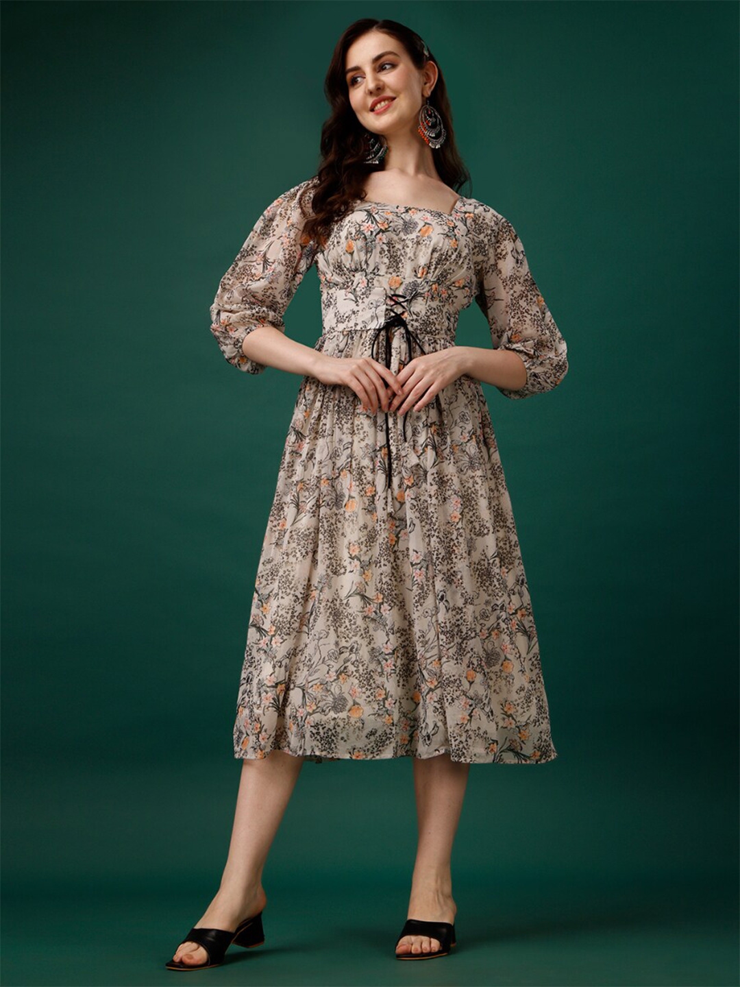 Buy Kalini Floral Printed Square Neck Tie Ups Georgette Fit And Flare