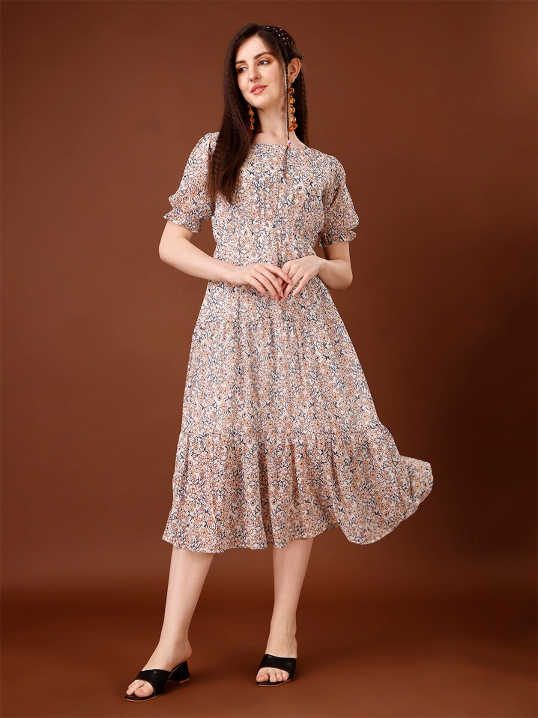 Buy Kalini Floral Printed Puff Sleeves Georgette Fit And Flare Midi Dress