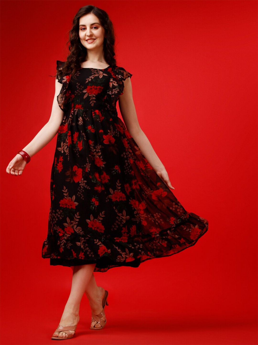Buy Kalini Floral Printed Georgette Fit And Flare Midi Dress Dresses
