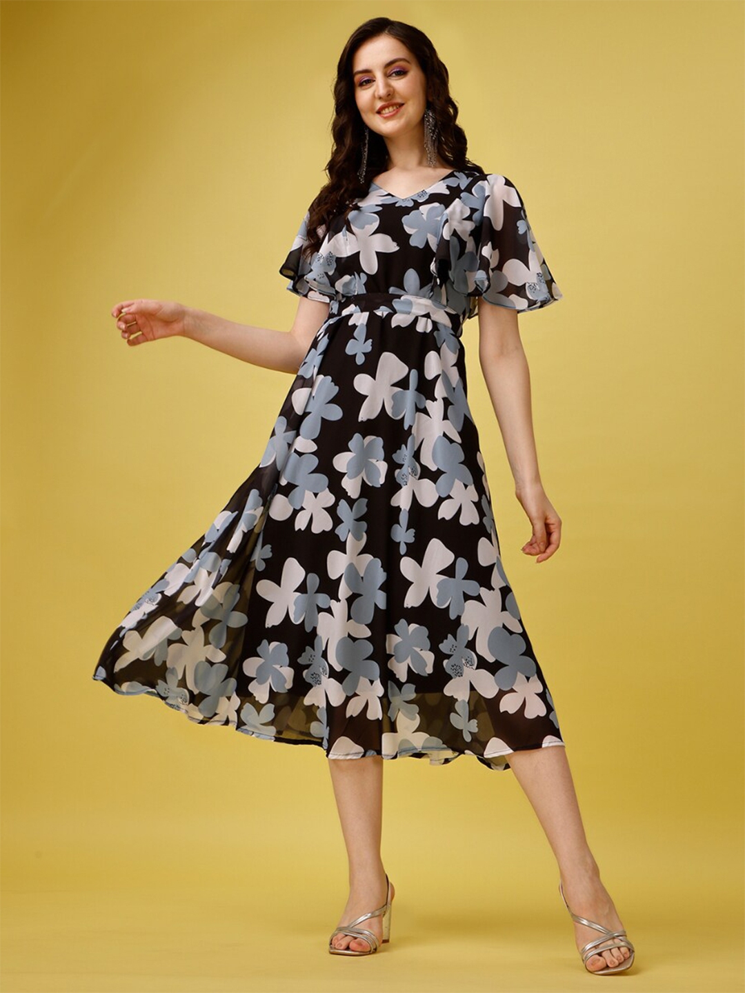 Buy Kalini Floral Printed Flared Sleeves Georgette A Line Midi Dress