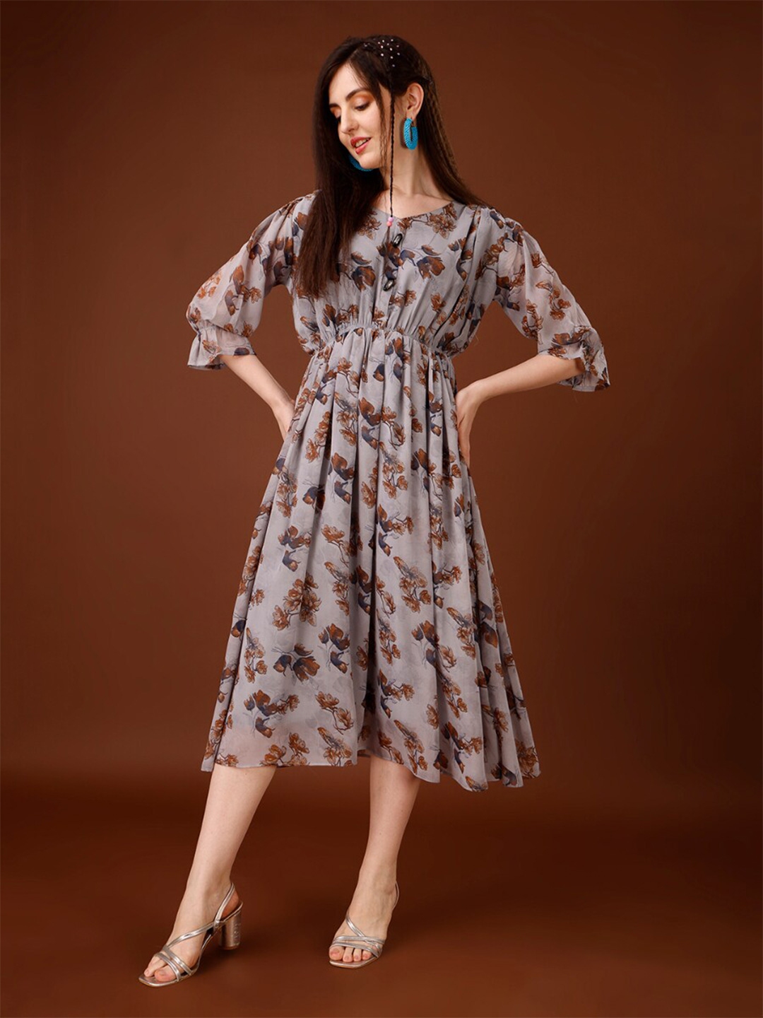Buy Kalini Floral Printed V Neck Puff Sleeves Fit And Flare Dress