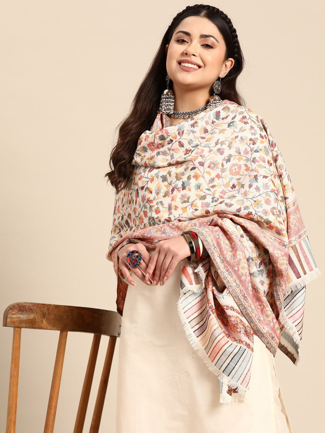 Buy Sangria Ethnic Motif Woollen Fringed Stole - Stoles for Women ...