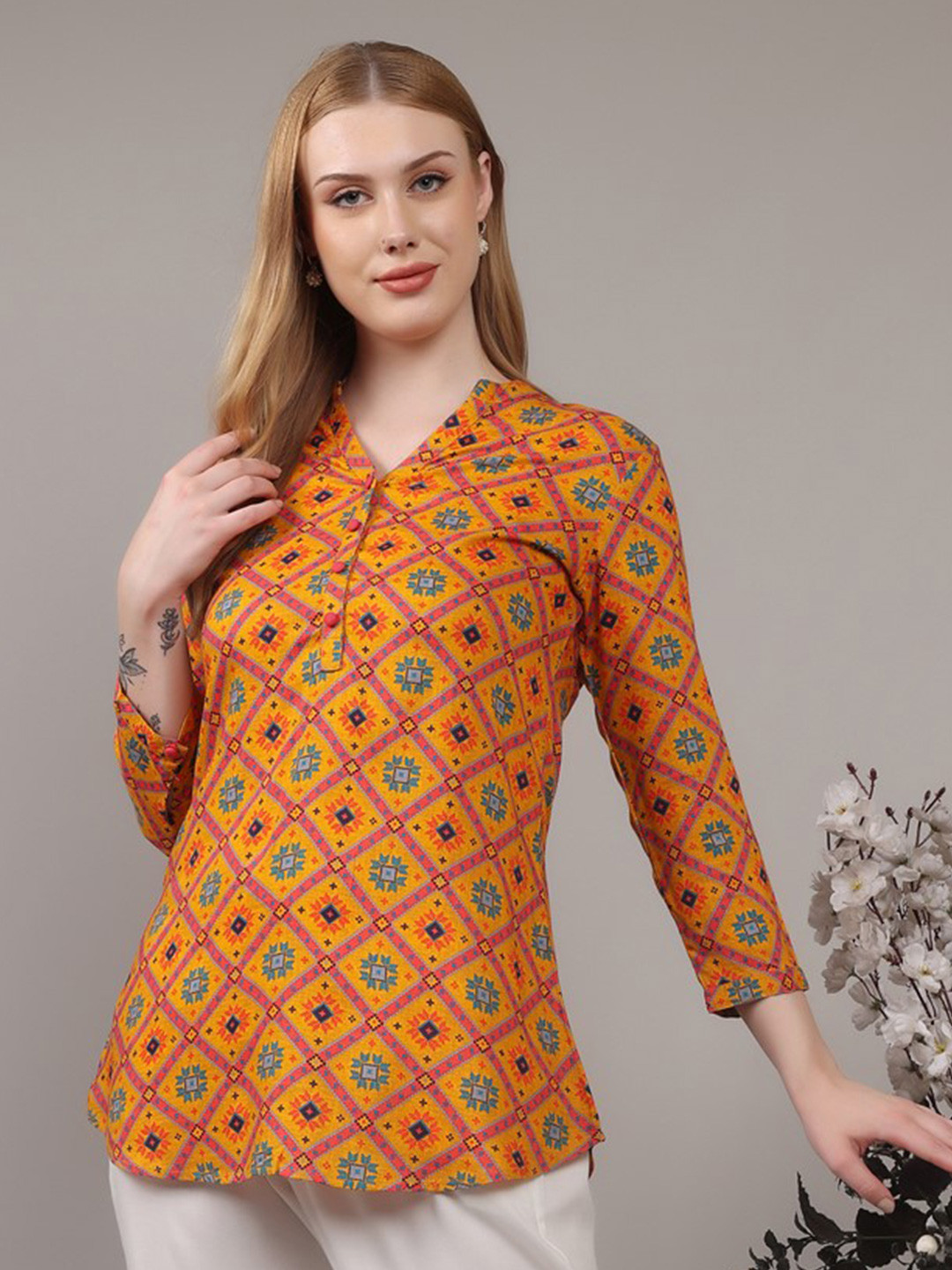 Buy SUTI Ethnic Motifs Printed Mandarin Collar Longline Top - Tops for ...