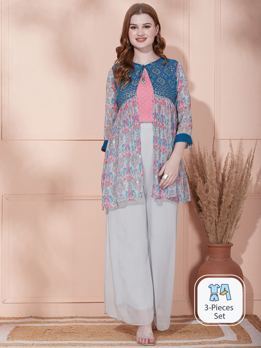 Buy FASHOR Sequin Embroidered Georgette Crop Top With Printed Jacket ...