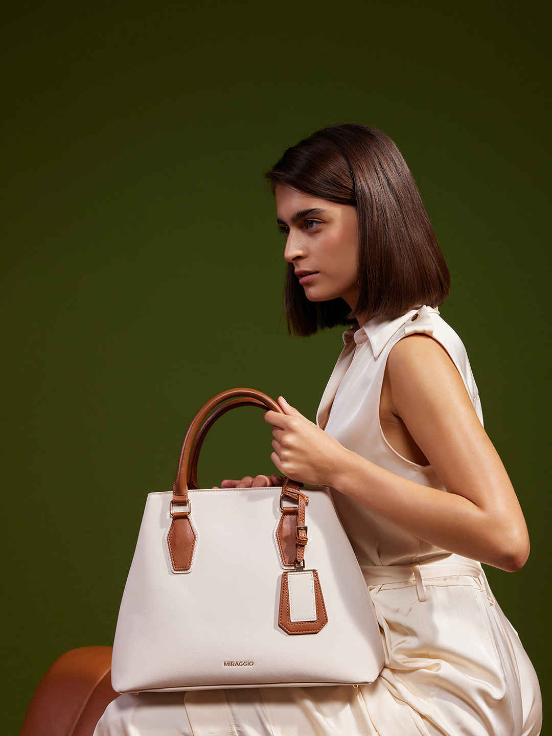 Buy MIRAGGIO Olivia Ivory Satchel Handbag With Adjustable & Detachable ...