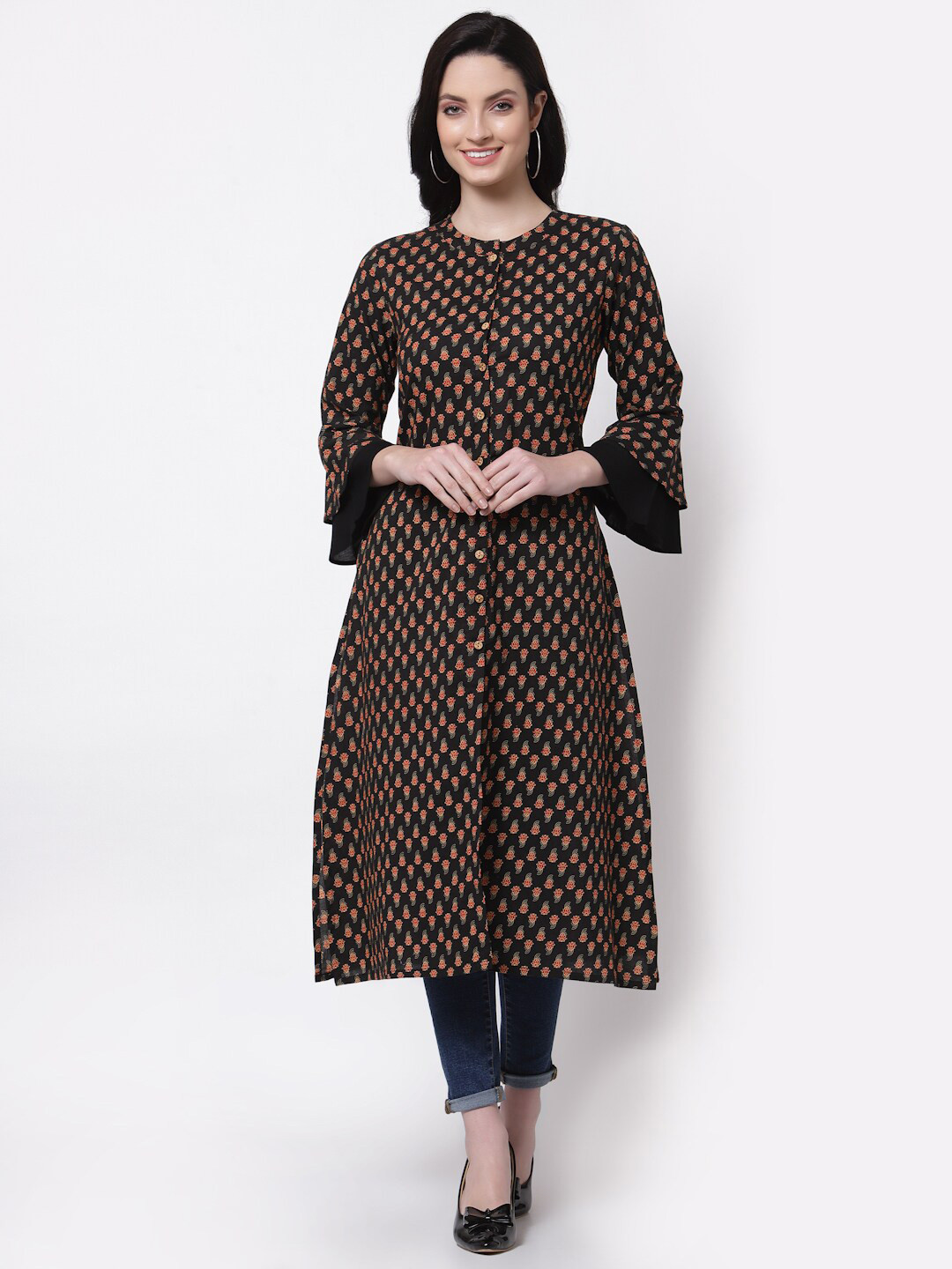 Buy LARGISH Floral Printed Cotton Longline Button Shrug - Shrug for ...