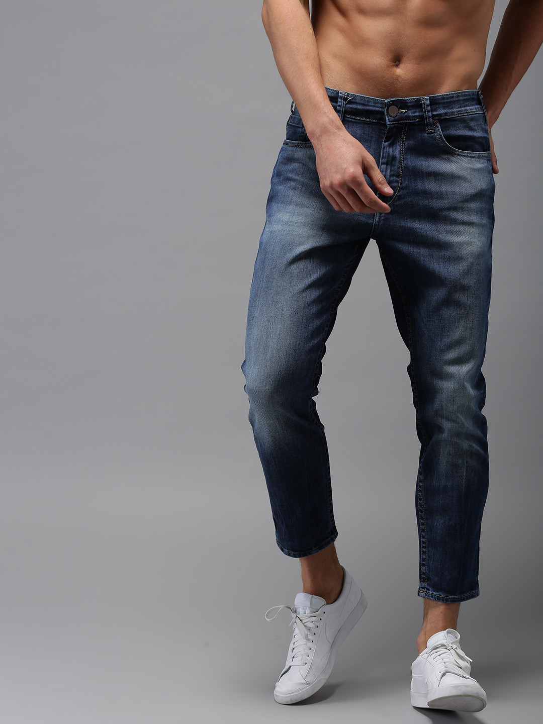 Buy HERE&NOW Men Blue Slim Fit Cropped Mid Rise Clean Look Stretchable ...