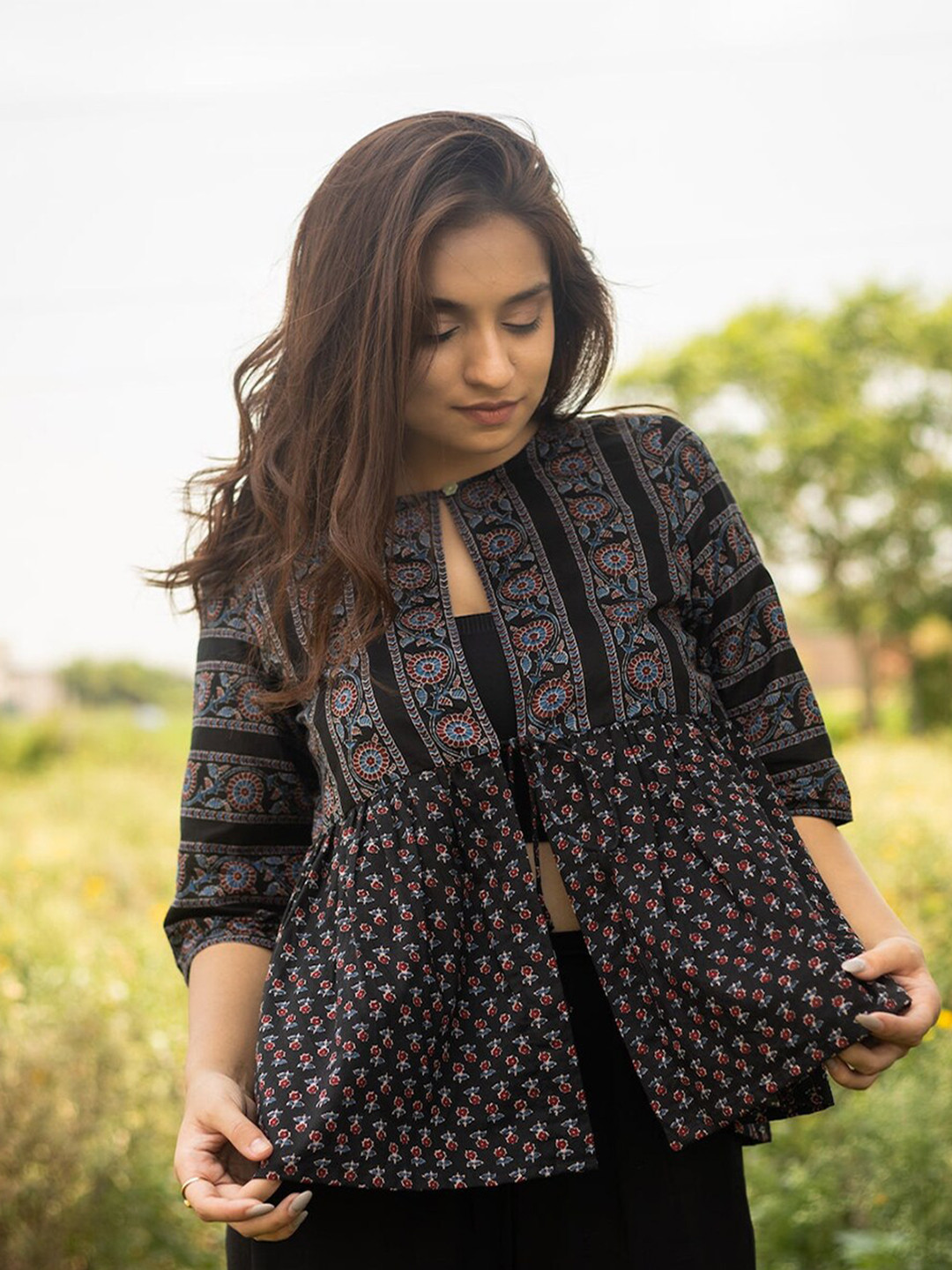 Buy ANUVAS Ethnic Motifs Print Keyhole Neck Cotton Cinched Waist Top ...