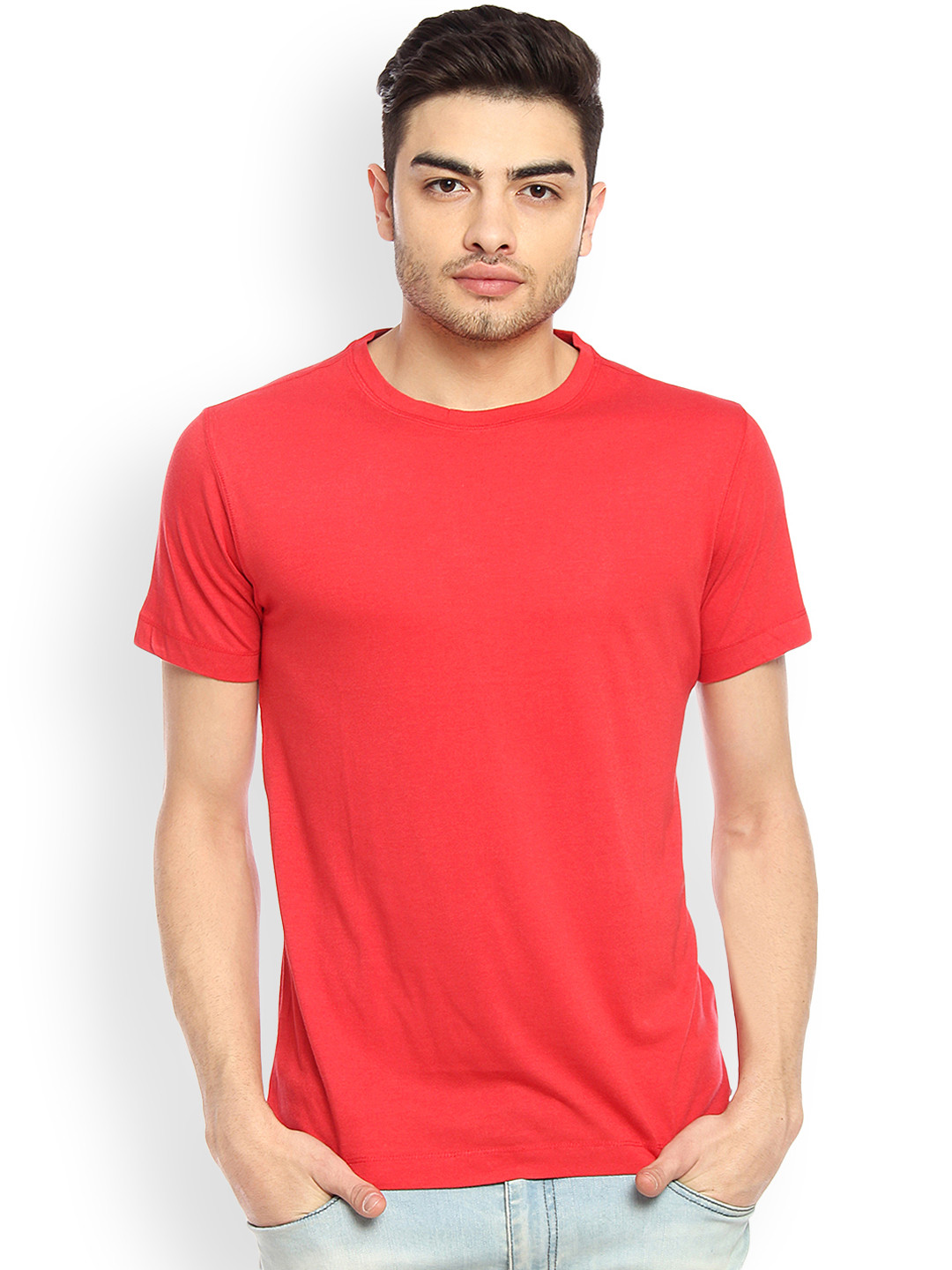 Buy SMOKESTACK Men Red Solid Round Neck T Shirt - Tshirts for Men ...