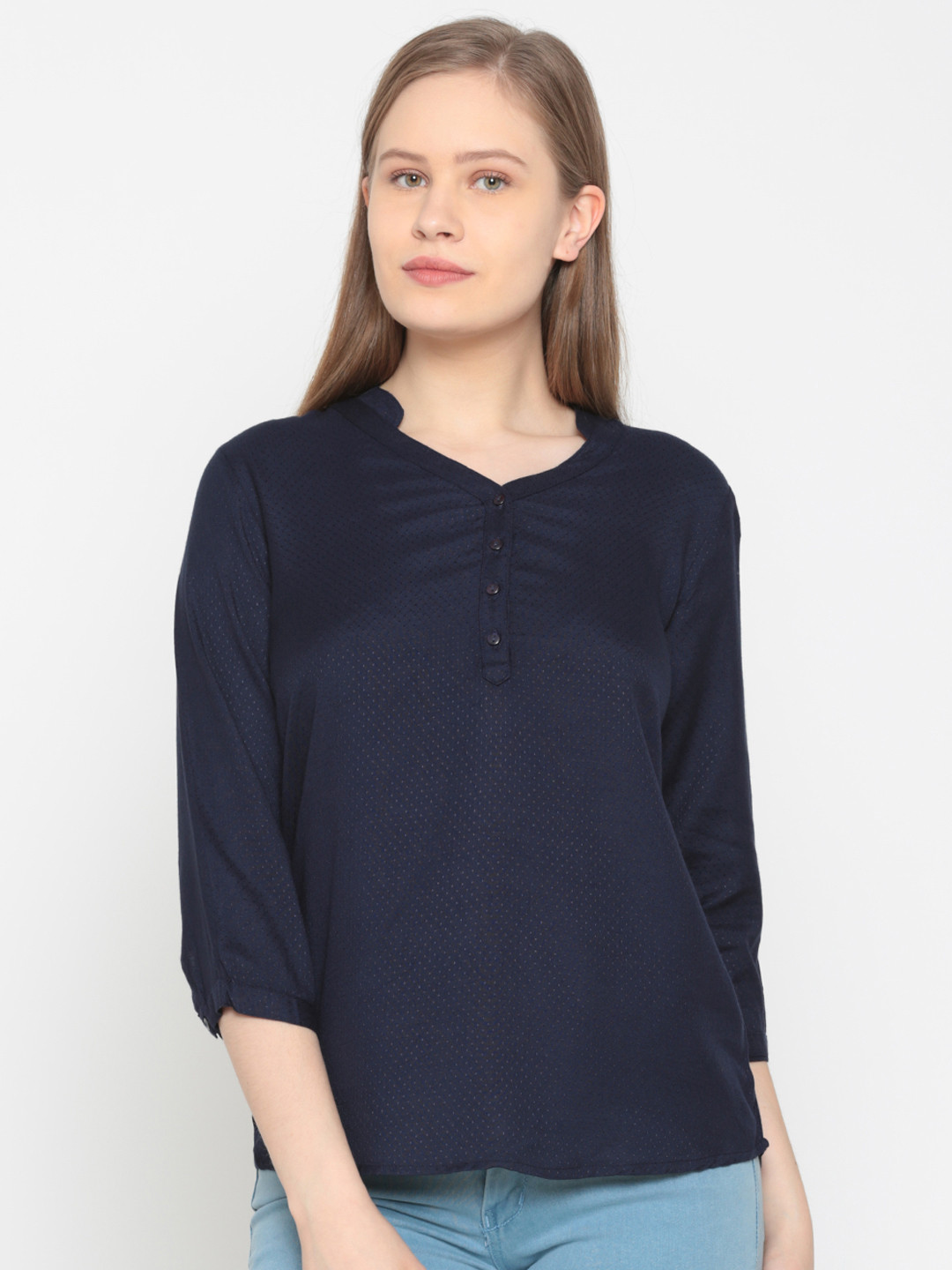 Buy People Women Navy Blue Self Design Shirt Style Top - Tops for Women ...