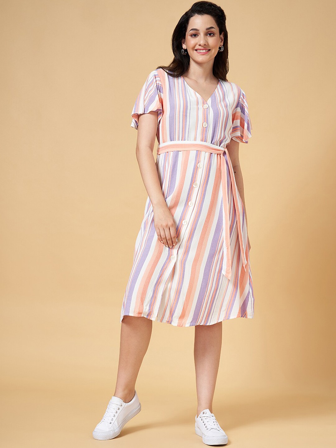 Buy Honey By Pantaloons Striped V Neck A Line Midi Dress Dresses For