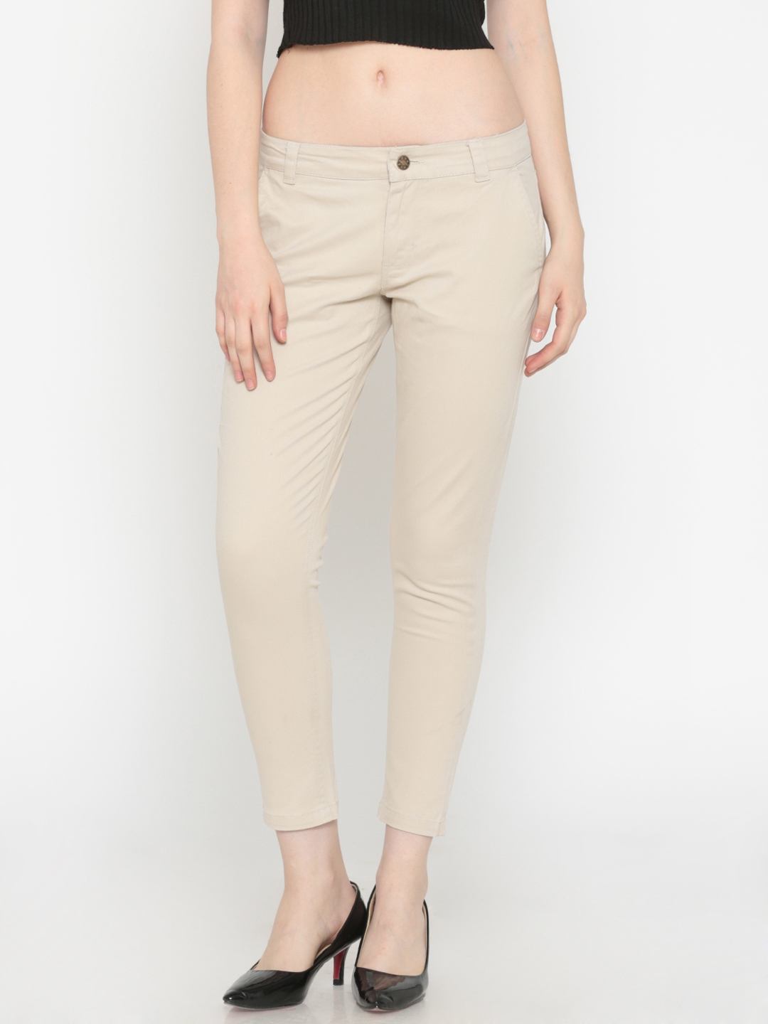 Buy People Women Beige Slim Fit Solid Regular Trousers Trousers For Women 2464918 Myntra