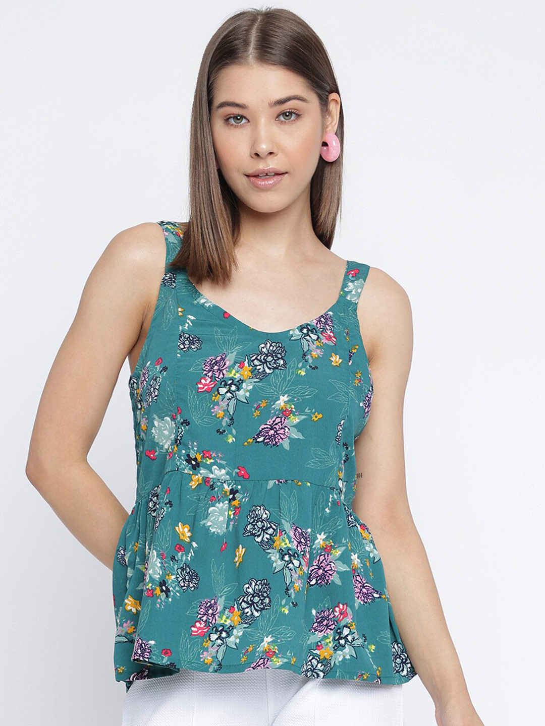 Buy Mayra Floral Printed Shoulder Strapped Crepe Peplum Crop Top - Tops ...